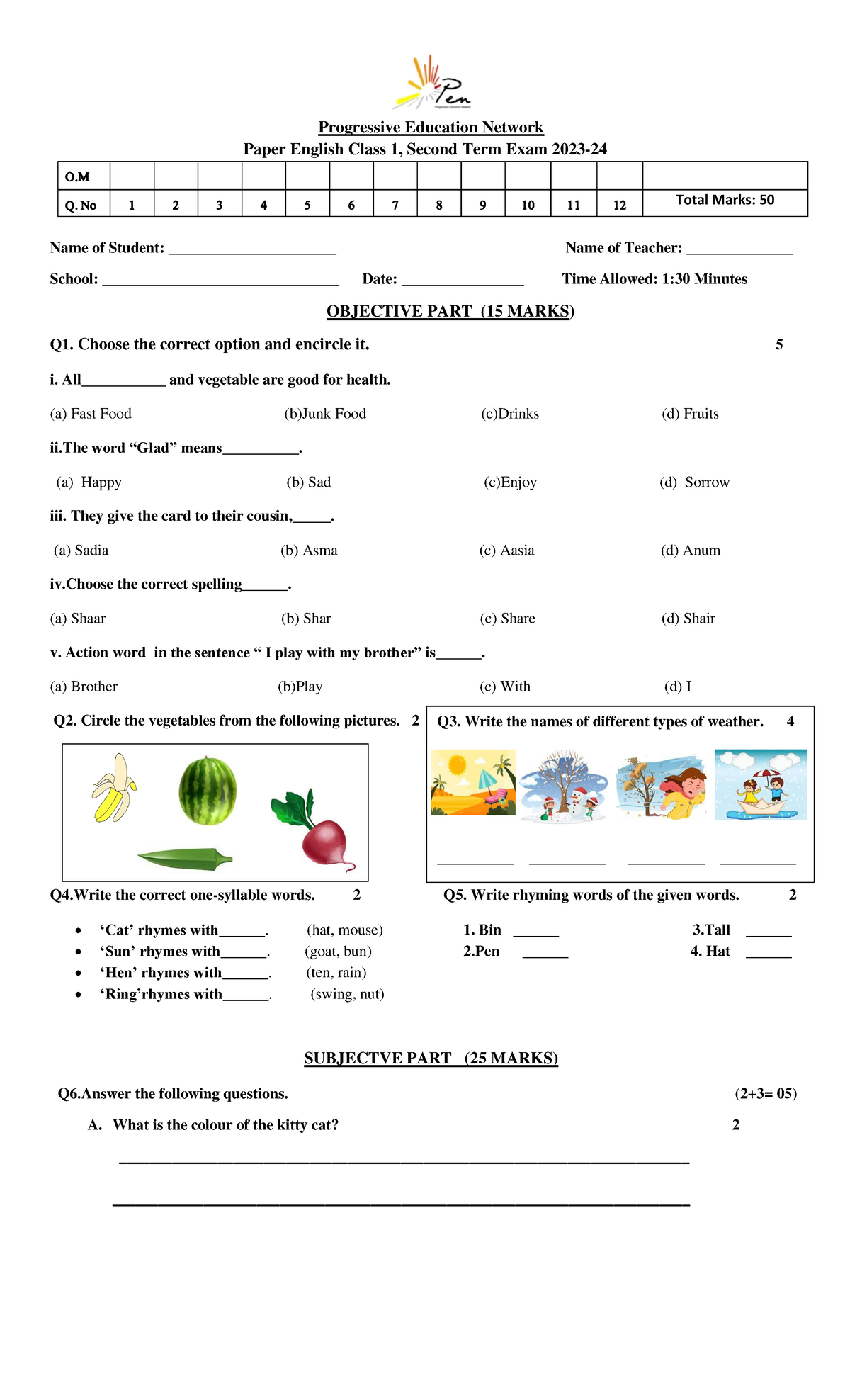 English One 2nd Term - Test - Progressive Education Network Paper ...