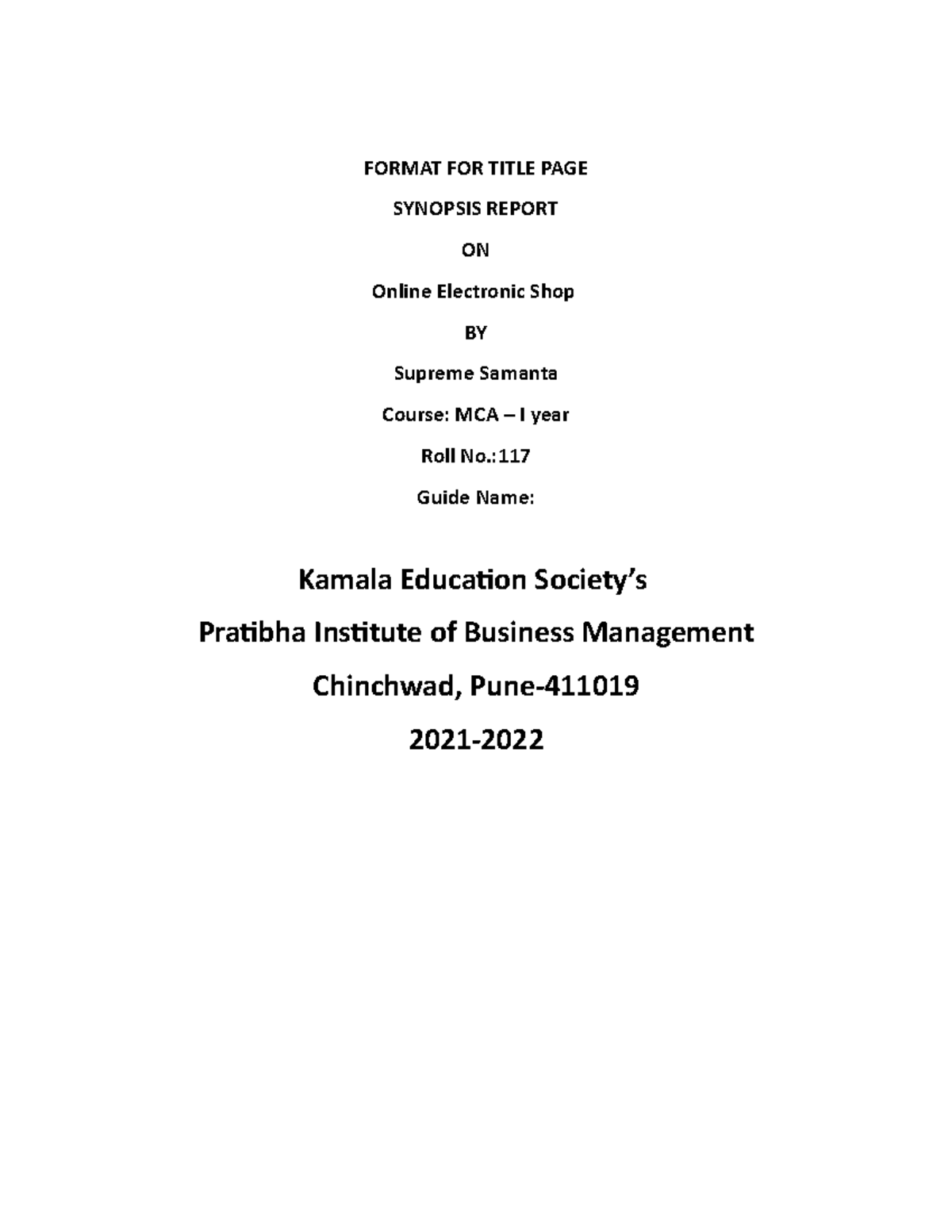 Student anylyasis - Miin project - FORMAT FOR TITLE PAGE SYNOPSIS ...