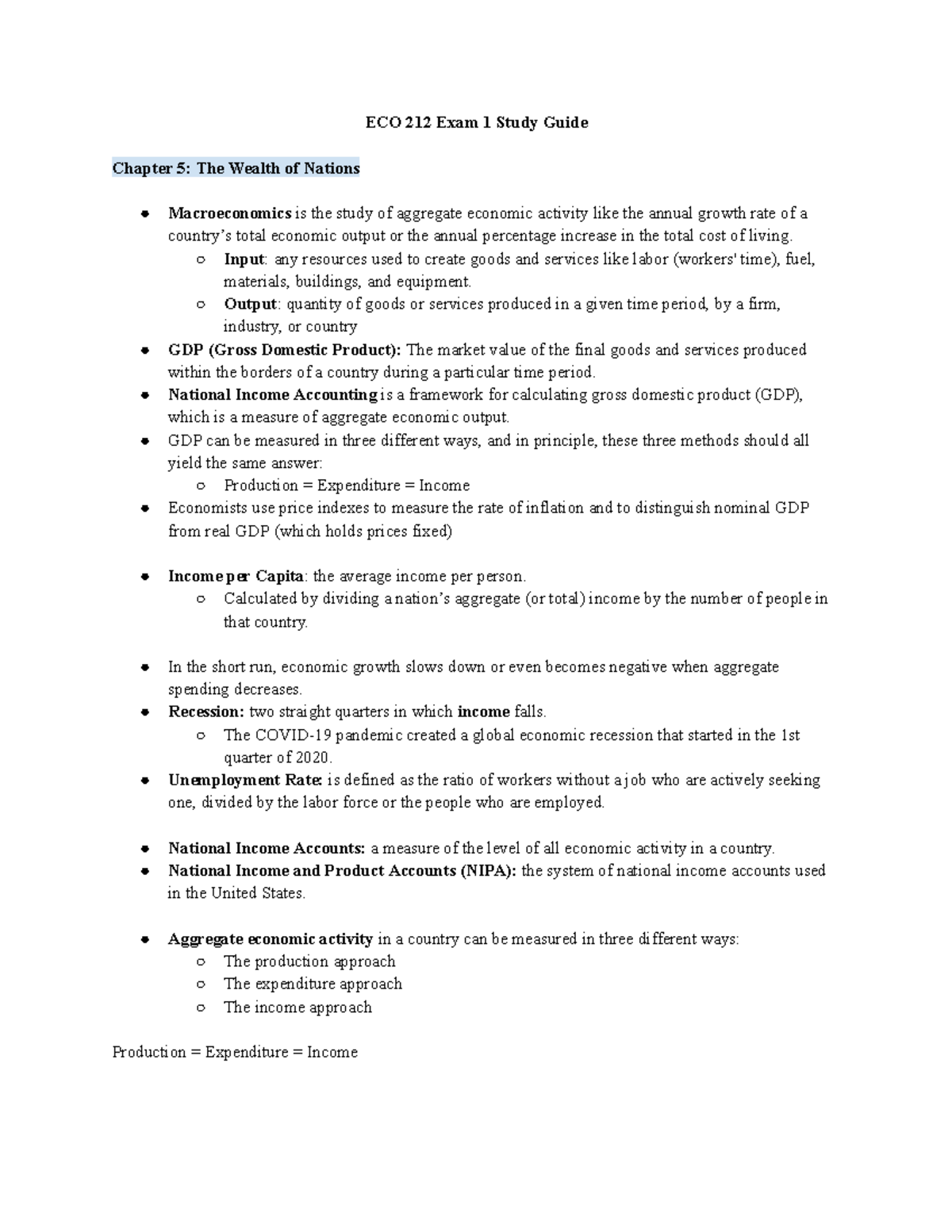 ECO 212 Exam 1 Study Guide - ECO 212 Exam 1 Study Guide Chapter 5: The Wealth of Nations - Studocu