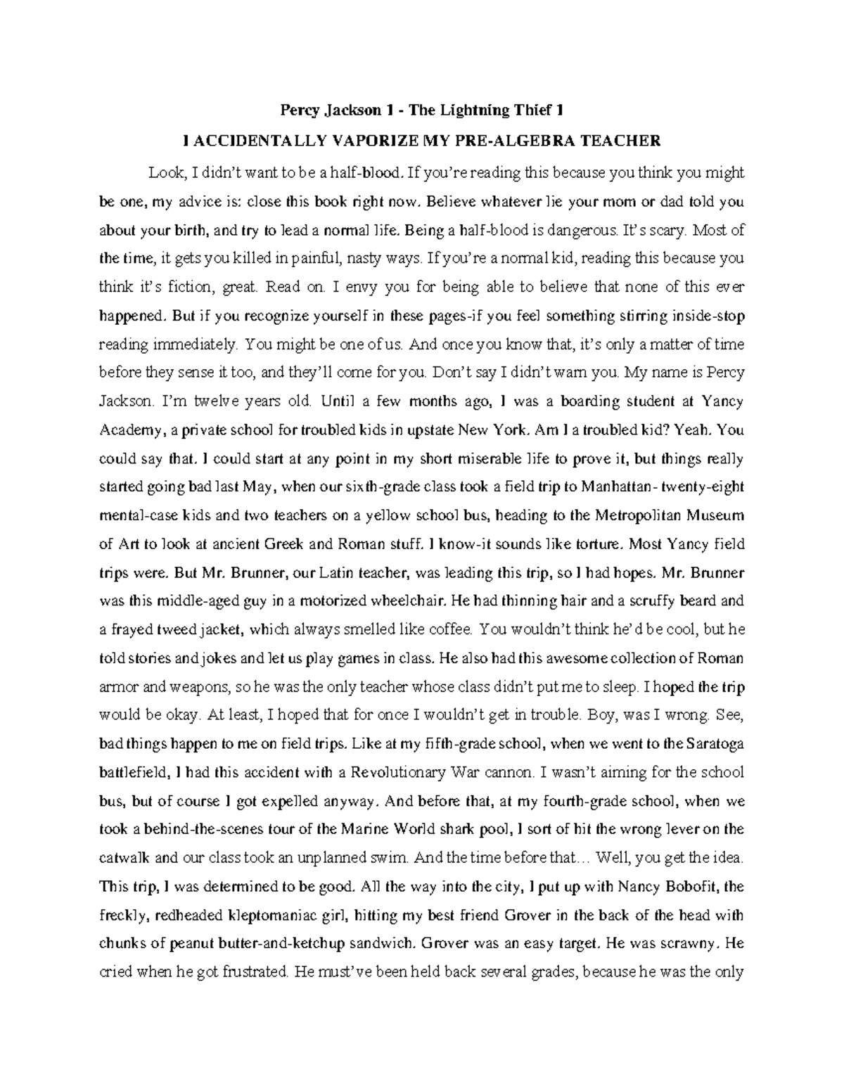 Chapter 1 - Percy Jackson 1 - The Lightning Thief 1 I ACCIDENTALLY ...