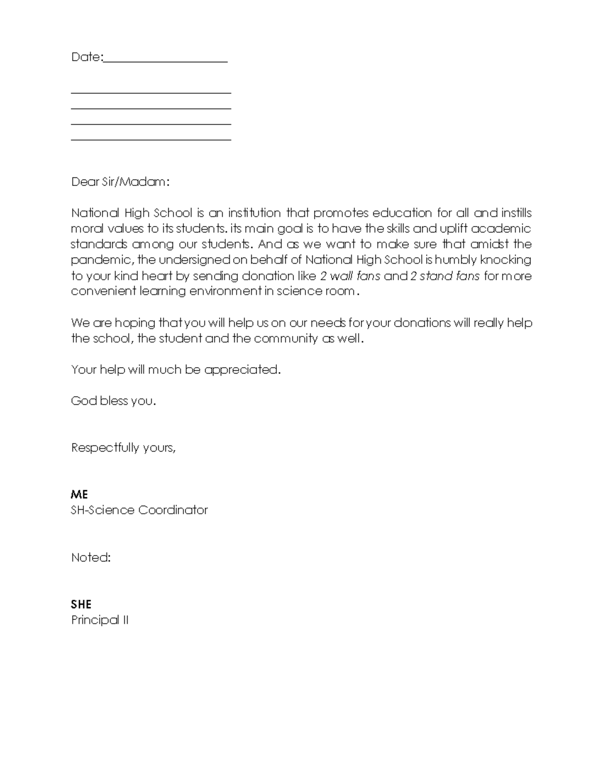 Sample Solicitation Letter - Date:_____________________ Dear Sir/Madam ...