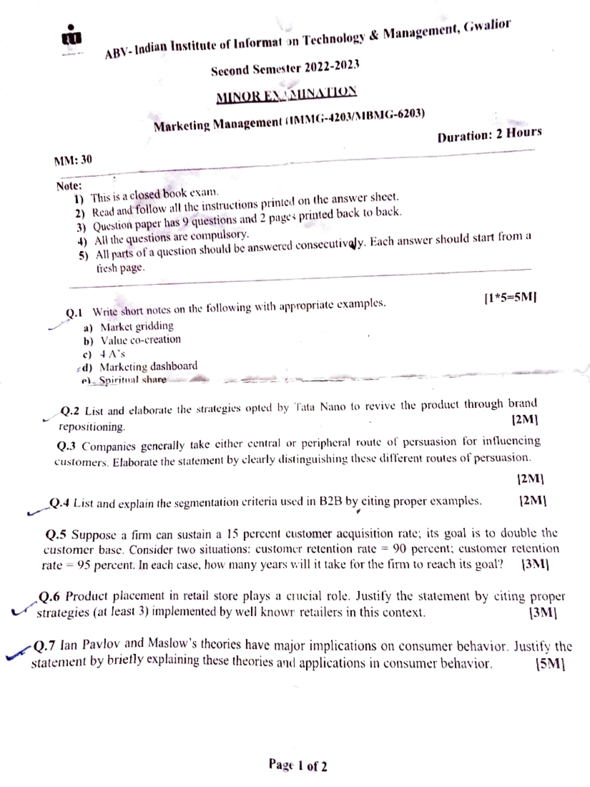 8th Semester question papers 2019 Batch Previous yr - MM: 30 Note: ABV ...
