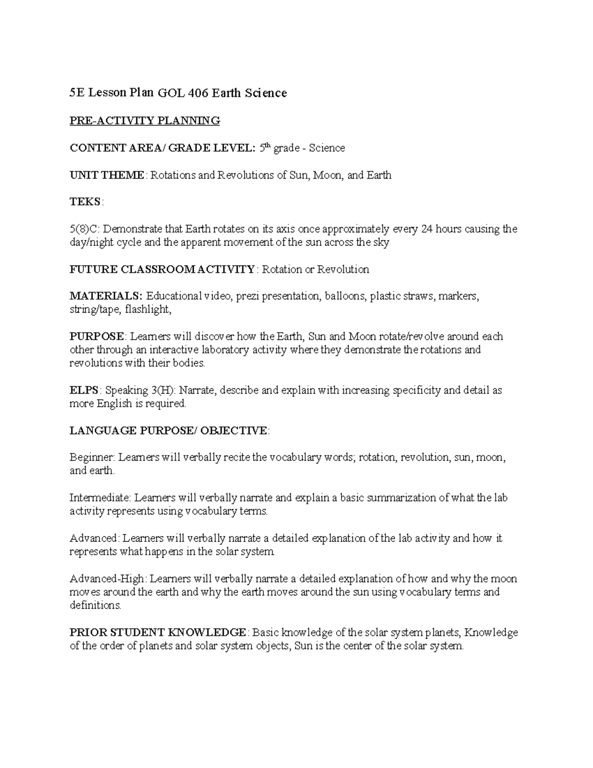 GEOL Lesson Plan 4 - 5E Lesson Plan GOL 406 Earth Science PRE-ACTIVITY ...