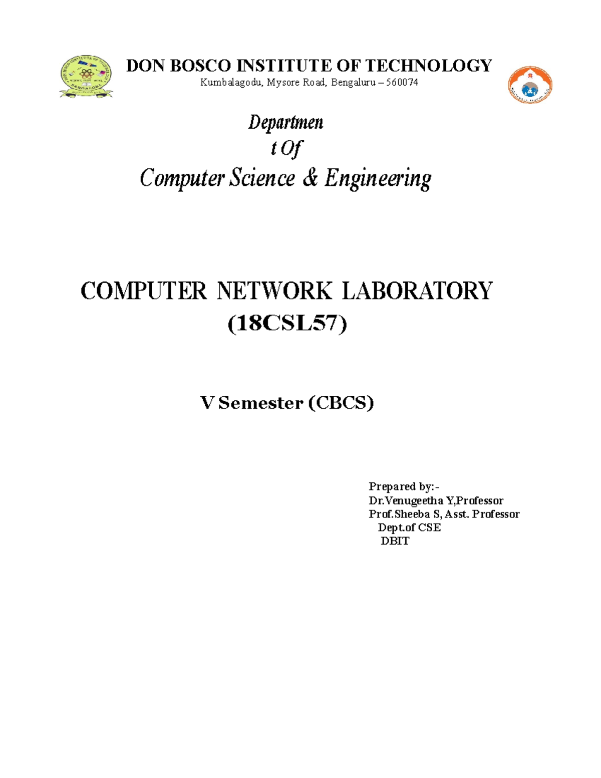 Computer Network Lab 2021 22 DBIT CSE - DON BOSCO INSTITUTE OF TECHNOLOGY Kumbalagodu, Mysore ...