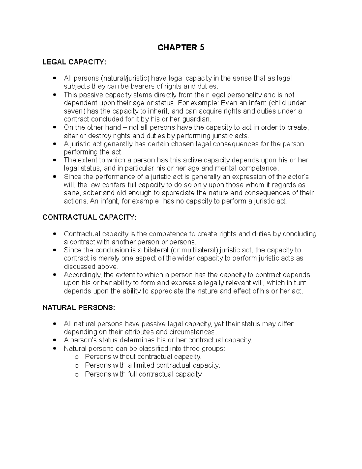 Summary - Chapter 5 - CHAPTER 5 LEGAL CAPACITY: All persons have legal ...