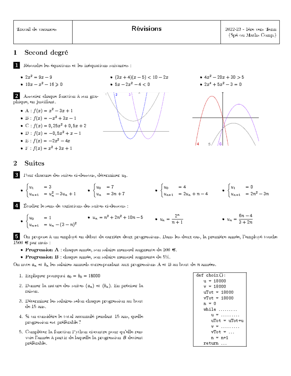 1ere-Term SPE - Je sais pas frère - Travail de vacances Révisions 2022-23 - 1ère vers Term (Spé ...