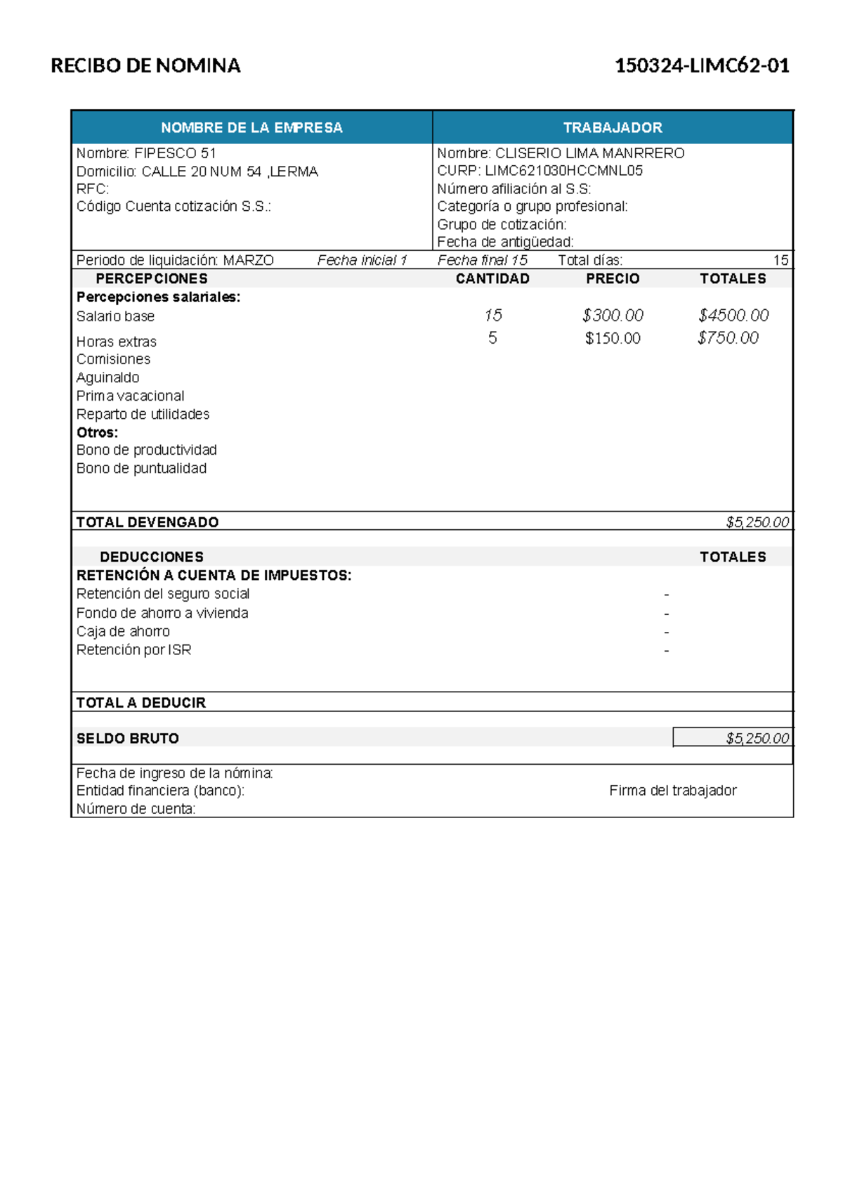 Plantilla de recibo de nomina Word - RECIBO DE NOMINA 150324-LIMC62 ...