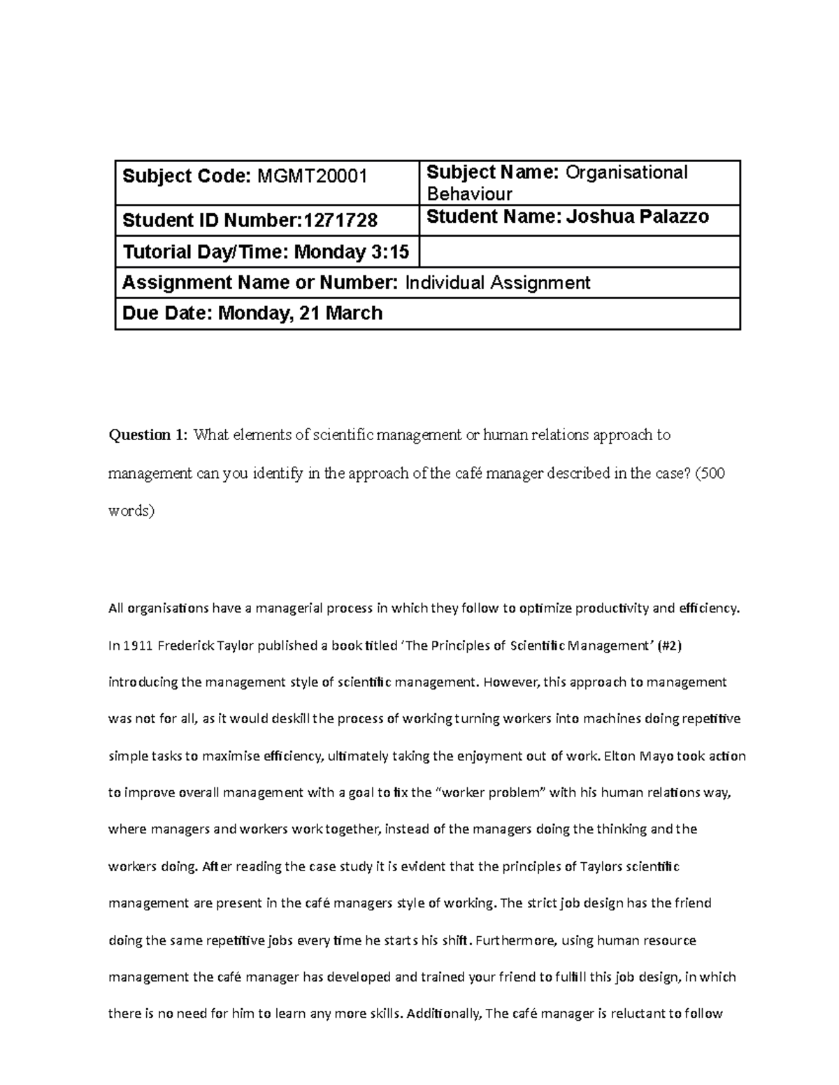 Organisational behaviour Assignment 1 - Subject Code: MGMT20001 Subject Name: Behaviour - Studocu