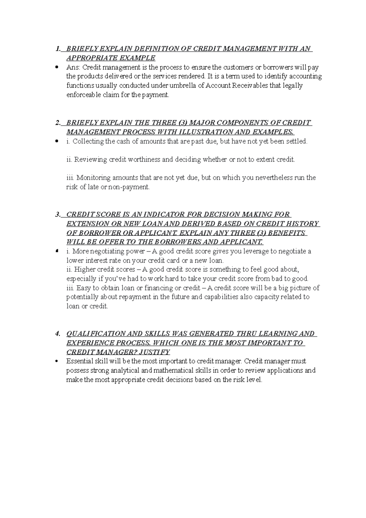 Tutorial Chapter 1 - 1. BRIEFLY EXPLAIN DEFINITION OF CREDIT MANAGEMENT ...