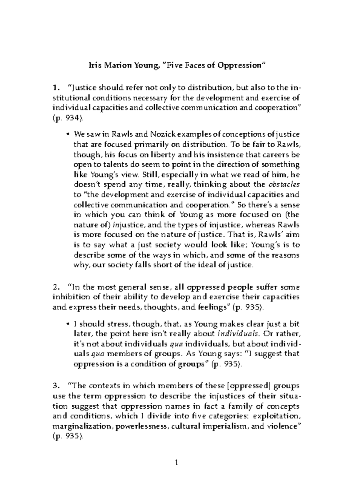 Handout - Young - reading summary - Iris Marion Young, “Five Faces of ...