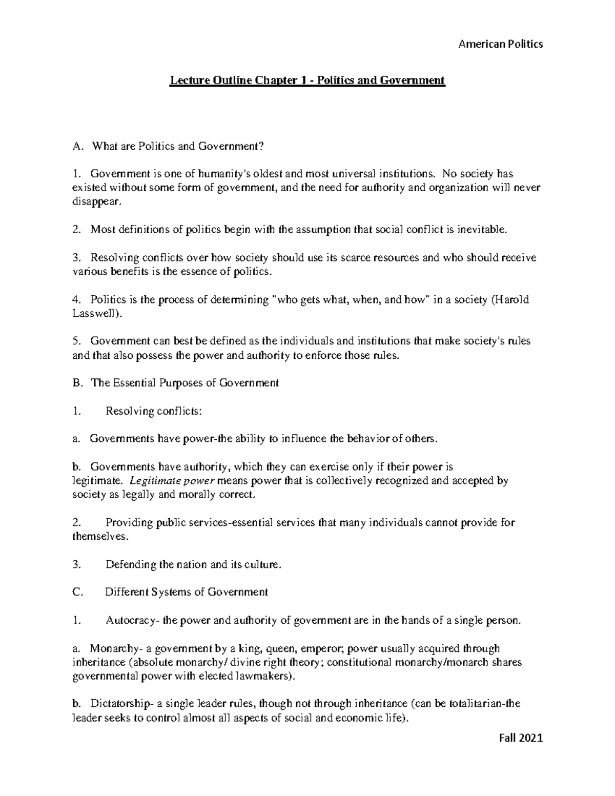 Lecture Outline Chapter 1 - What are Politics and Government? 1 ...
