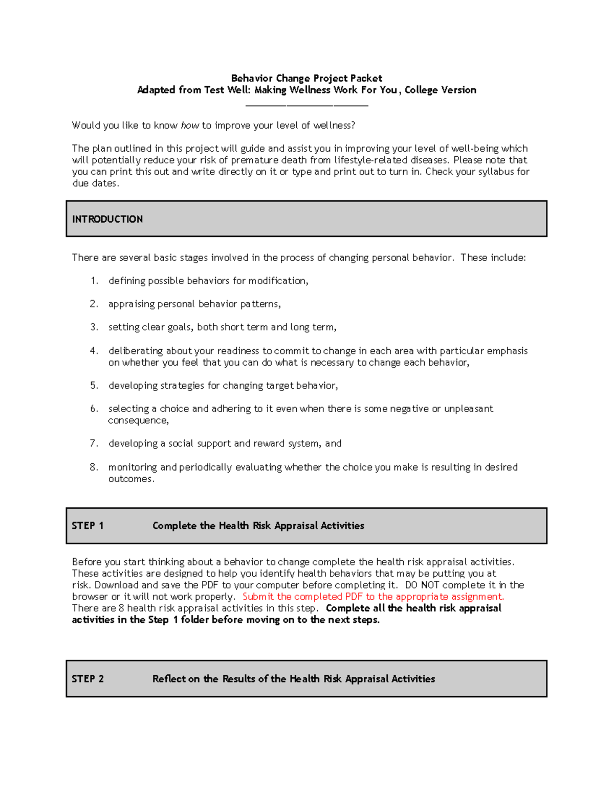 Behavior Change Project - Please note that you can print this out and ...