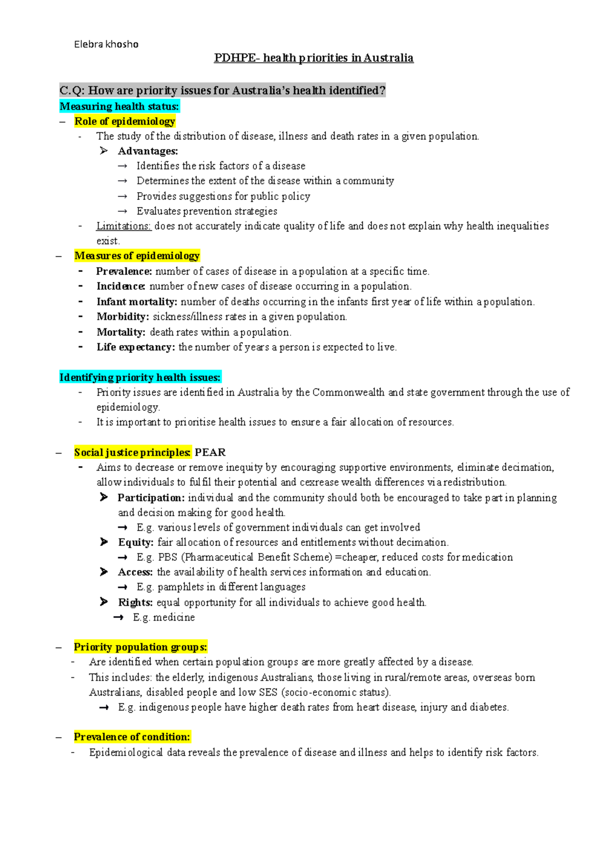 Pe notes core 1 - its helpful - PDHPE- health priorities in Australia C ...