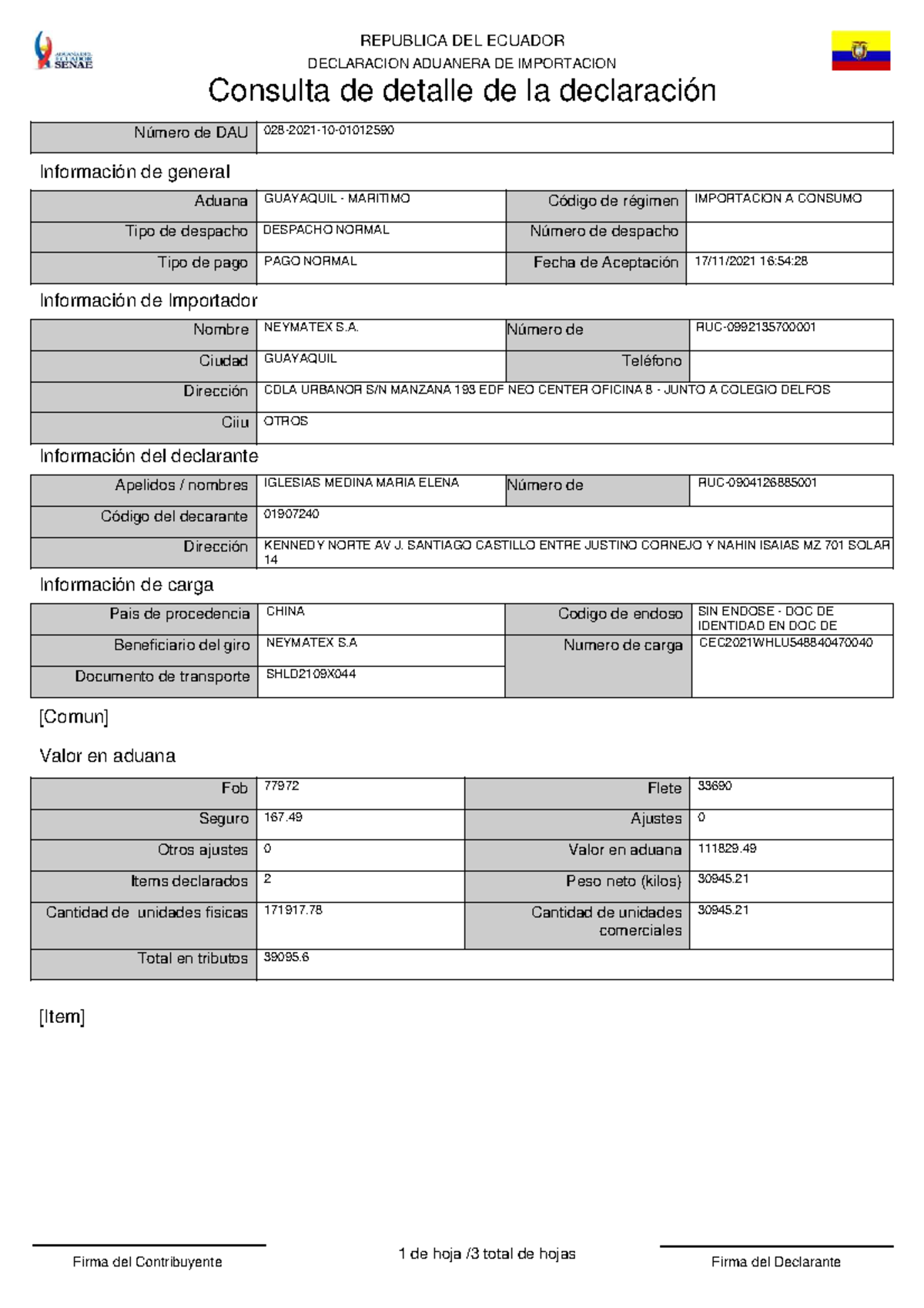 Dai - test - REPUBLICA DEL ECUADOR DECLARACION ADUANERA DE IMPORTACION ...