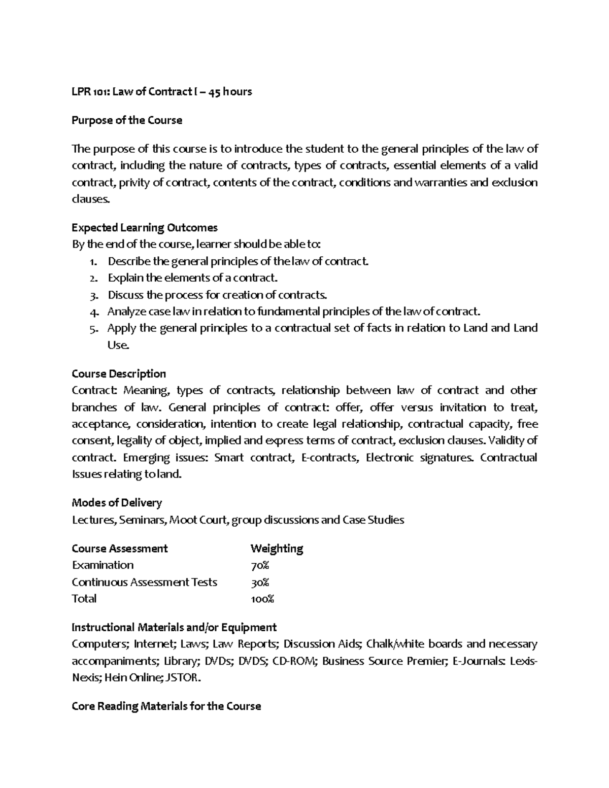 Law of Contract I - Course Coverage - PDF - LPR 101: Law of Contract I ...