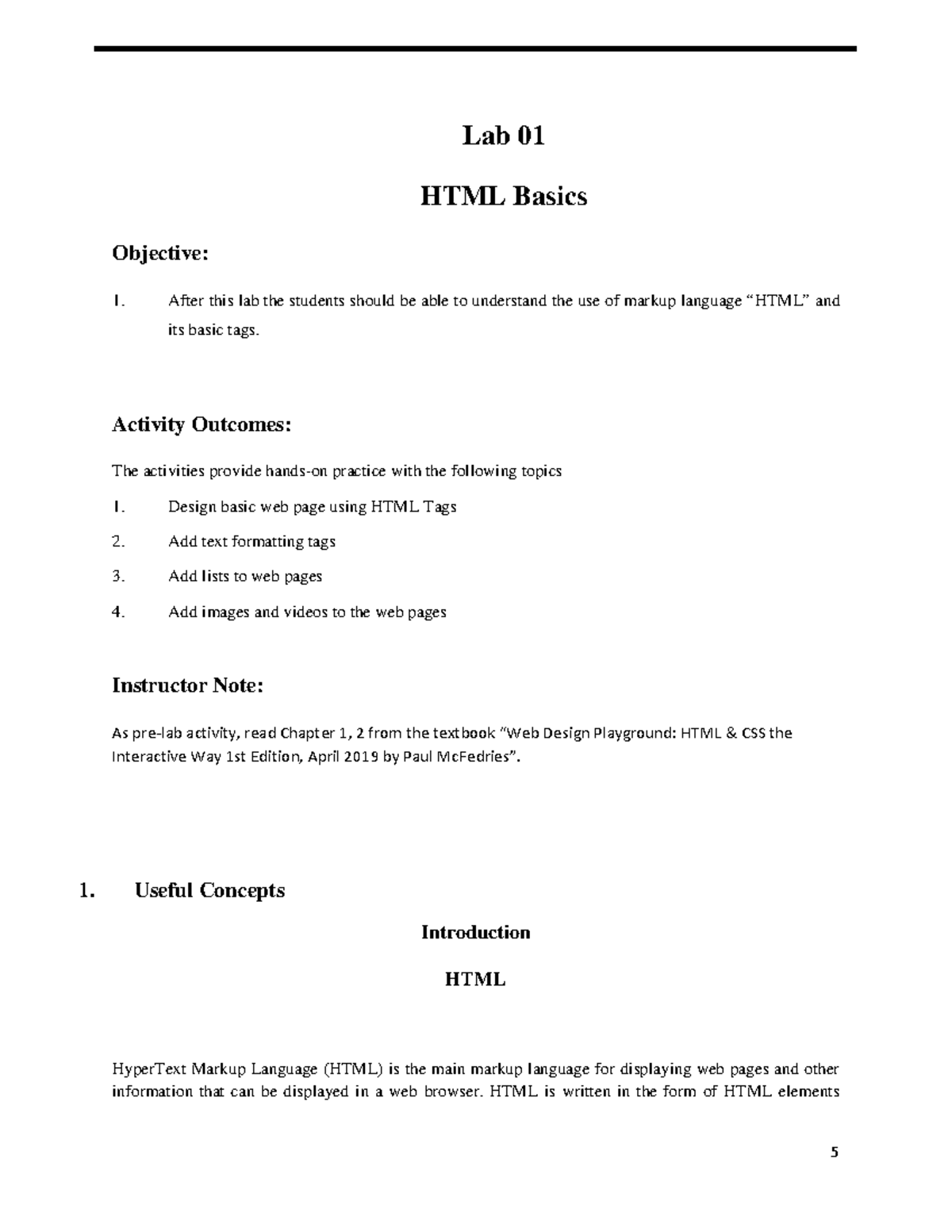 LAB01 - this coures is best - Lab 0 1 HTML Basics Objective: 1. After this lab the students ...