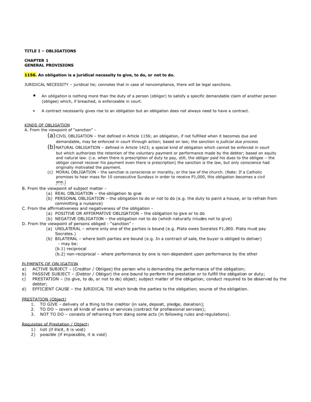 Obligation and Contracts Reviewer - Oblicon - Studocu
