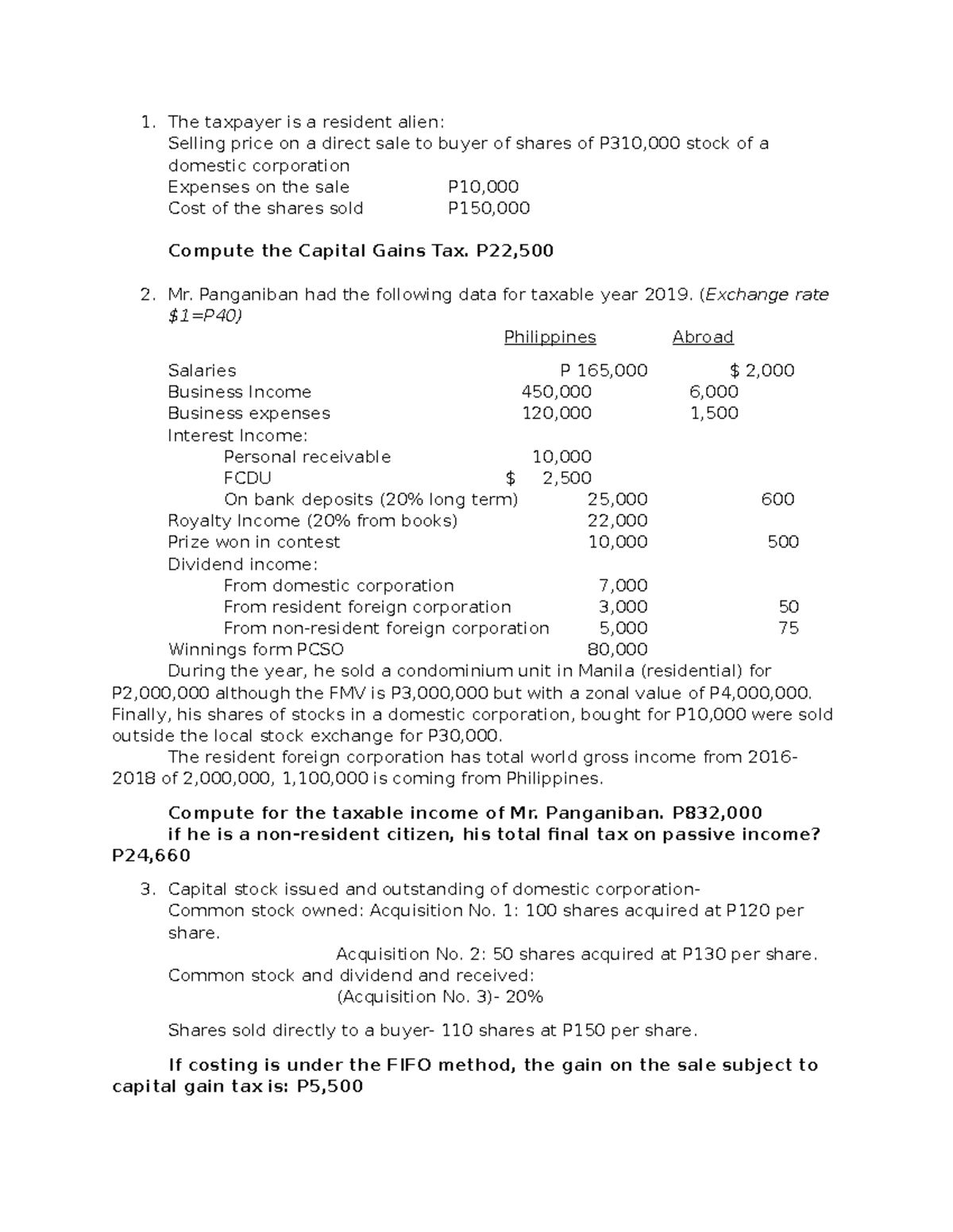 Income Taxation sample questions - The taxpayer is a resident alien ...