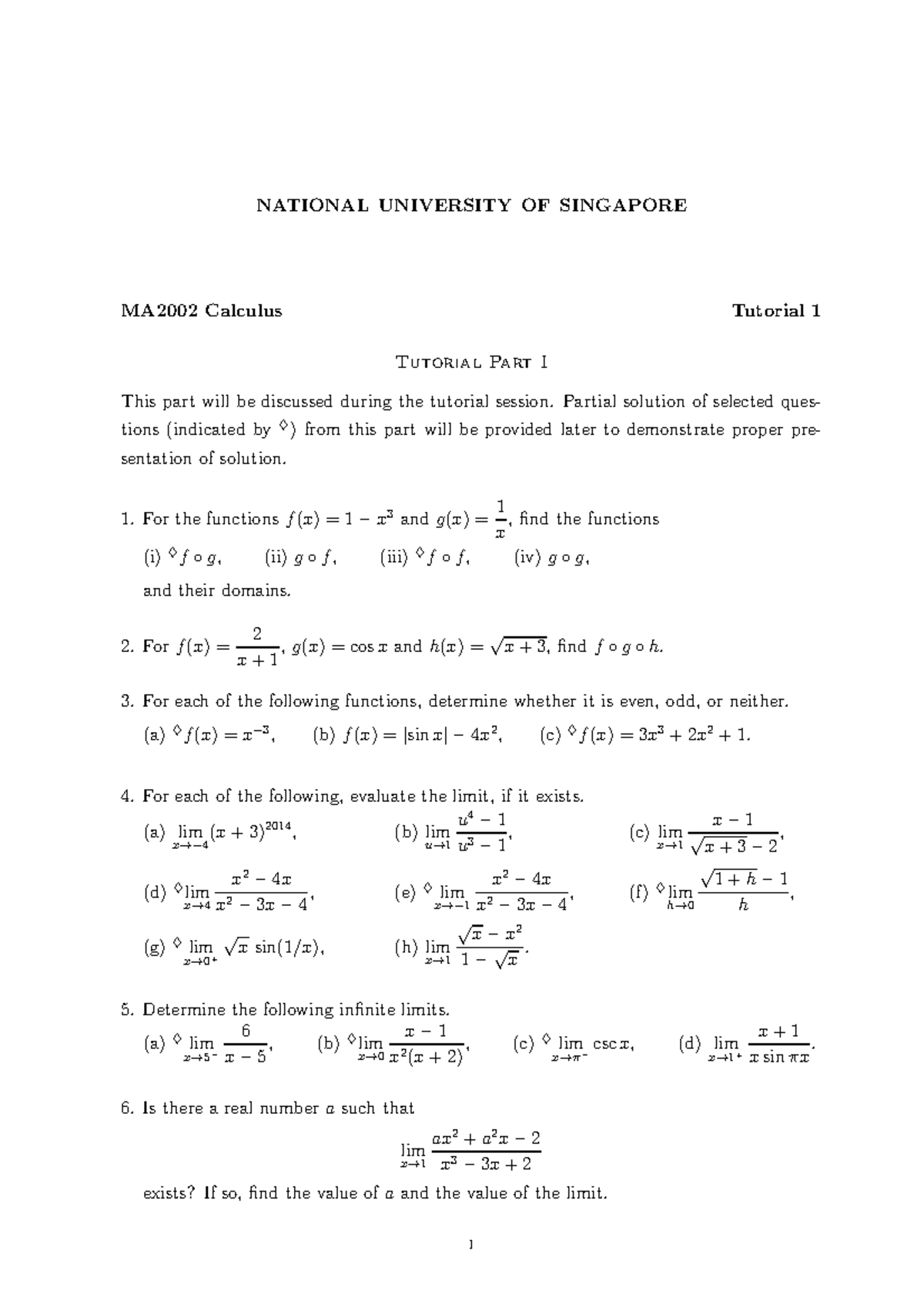 T1 - MA2002 Tutorial 1 - NATIONAL UNIVERSITY OF SINGAPORE MA2002 Calculus Tutorial 1 Tutorial ...