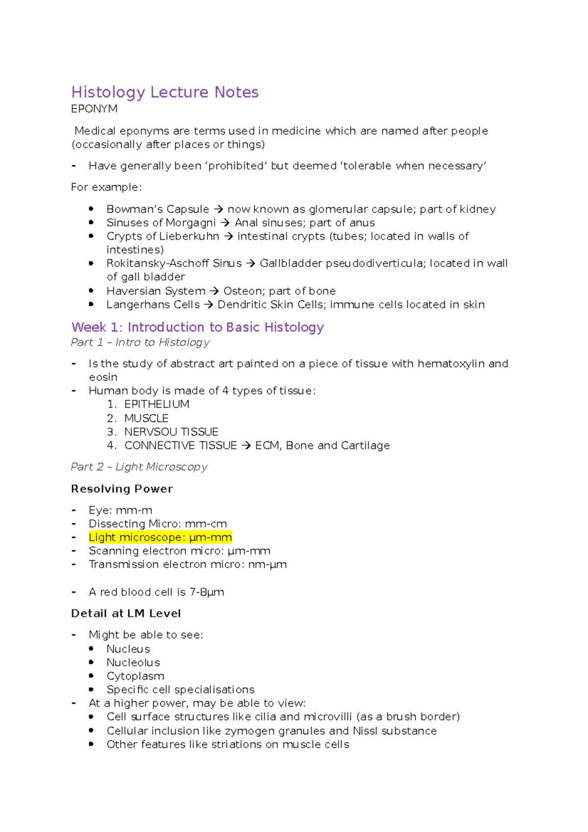 Histology Lecture Notes - Histology Lecture Notes EPONYM Medical ...