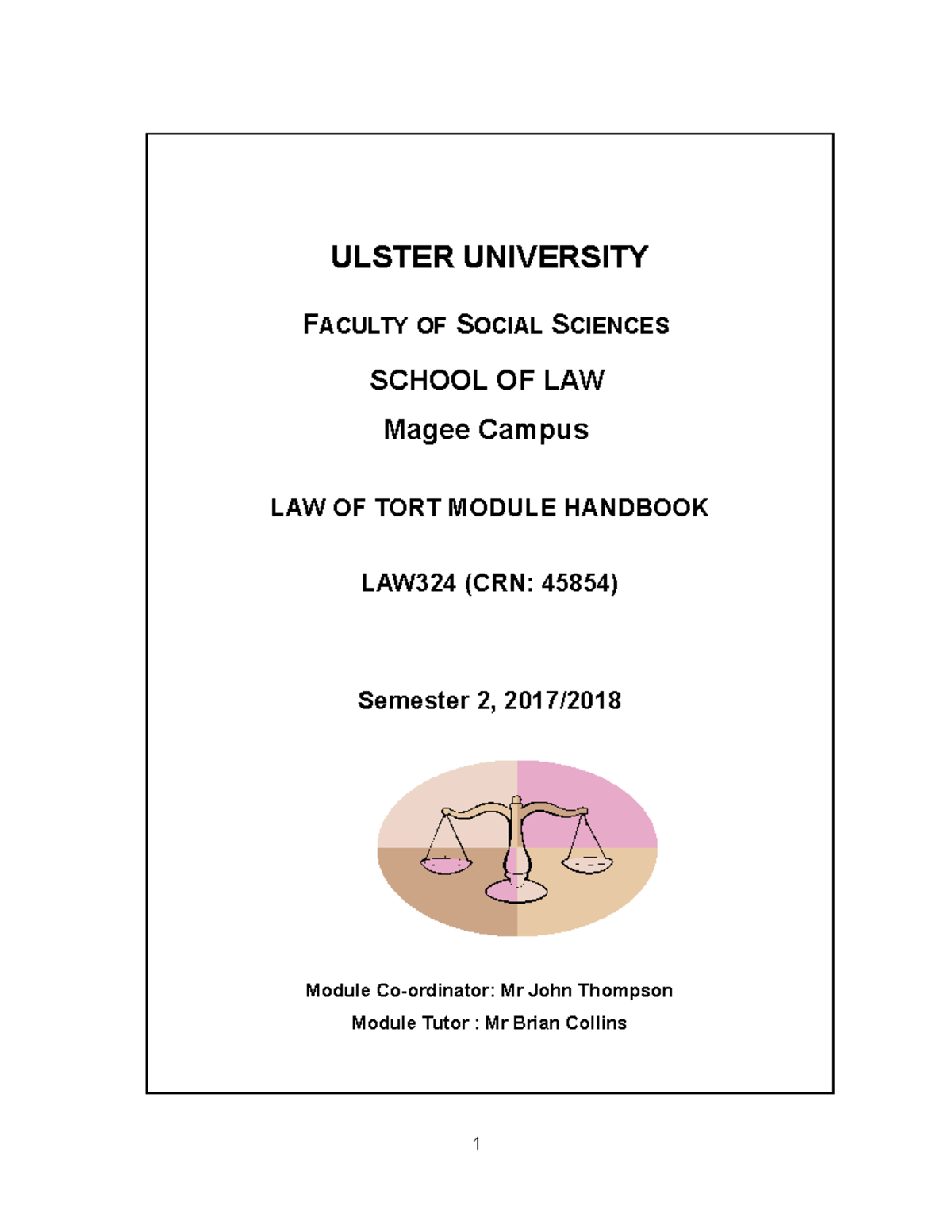 LAW324 Tort Handbook 2018 - ULSTER UNIVERSITY FACULTY OF SOCIAL ...
