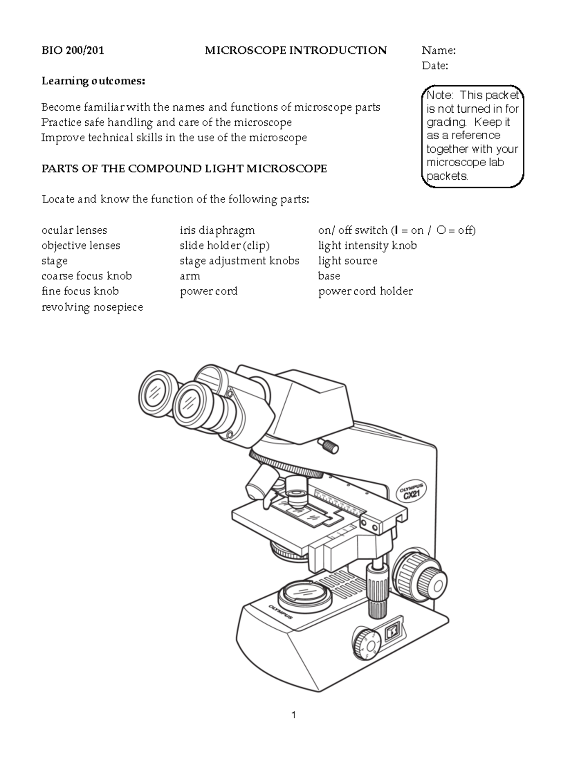 BIOL200 Microscope Intro packet - BIO 200/201 MICROSCOPE INTRODUCTION ...