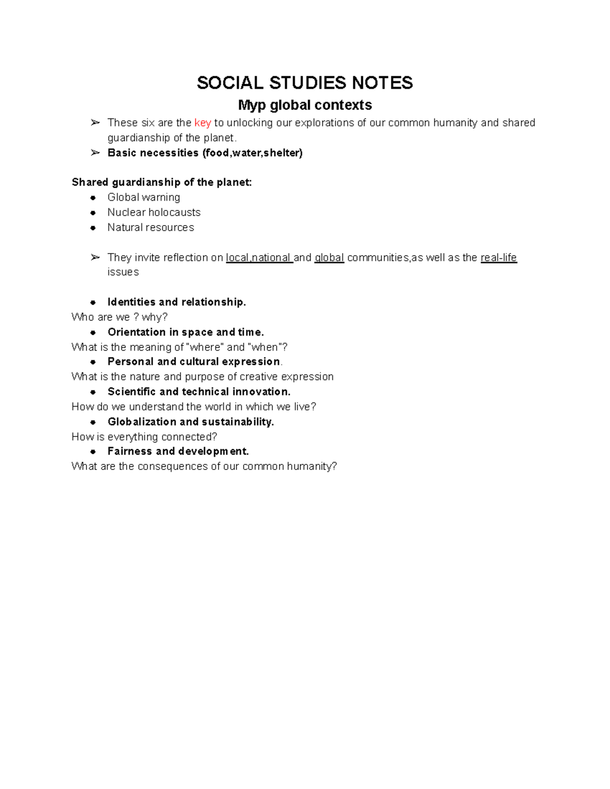Social Studies Notes ib - SOCIAL STUDIES NOTES Myp global contexts ...