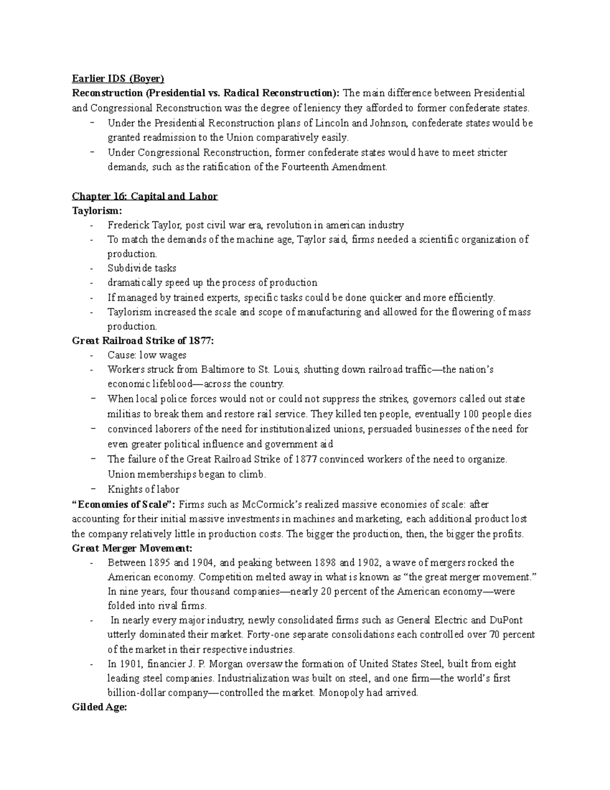 US History II Midterm Review Guide - Earlier IDS (Boyer) Reconstruction ...