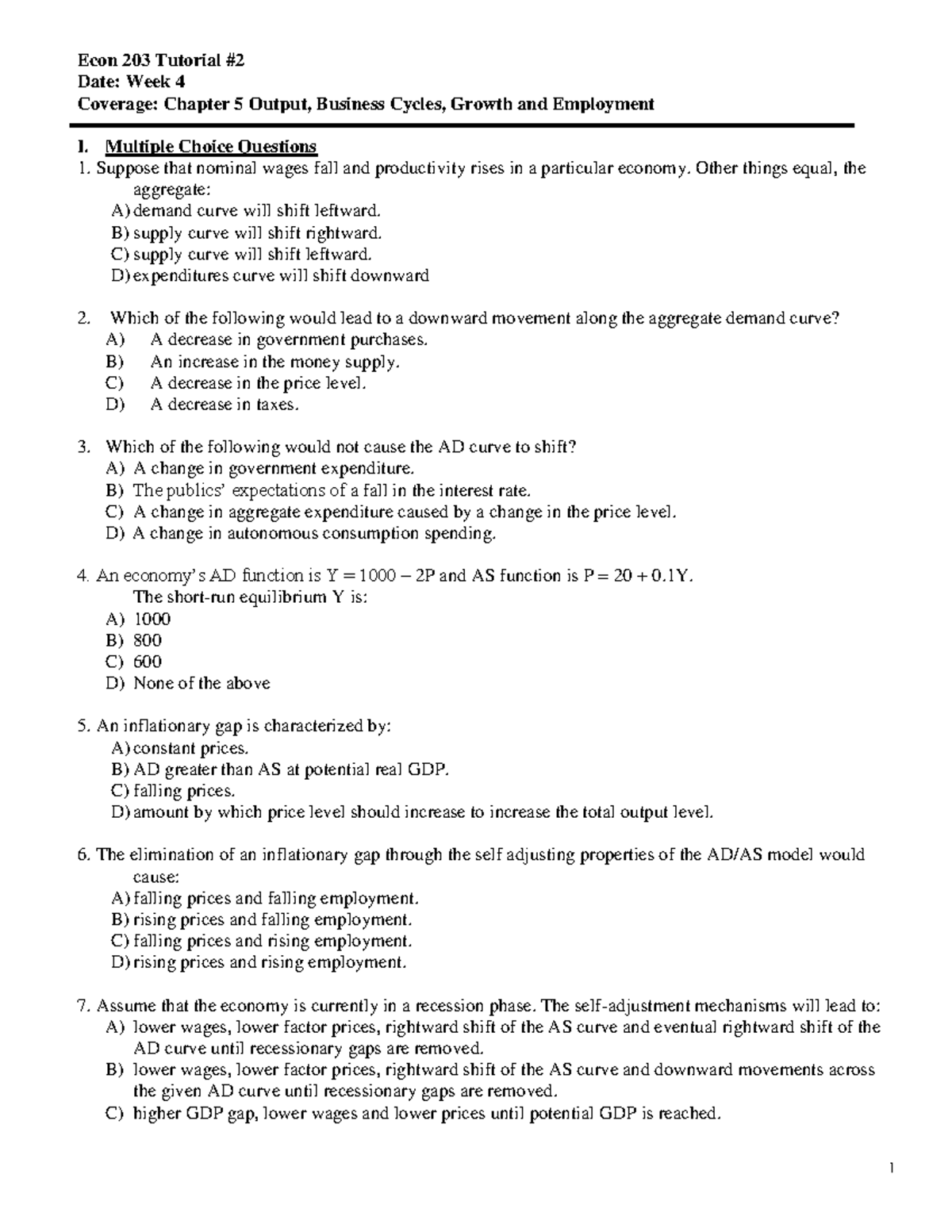 Chapter 5 Review Questions - 1 Econ 203 Tutorial # Date: Week 4 Coverage: Chapter 5 Output ...