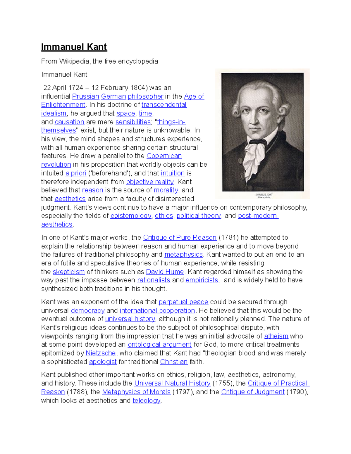 Immanuel-Kant - Immanuel-Kant - Immanuel Kant From Wikipedia, the free encyclopedia Immanuel ...