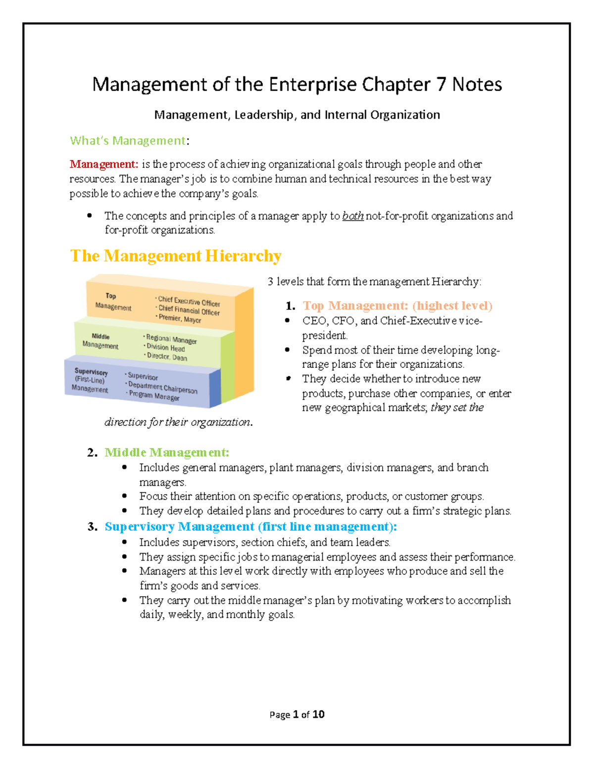 Management of the Enterprise Chapter 7 Notes - The manager’s job is to ...