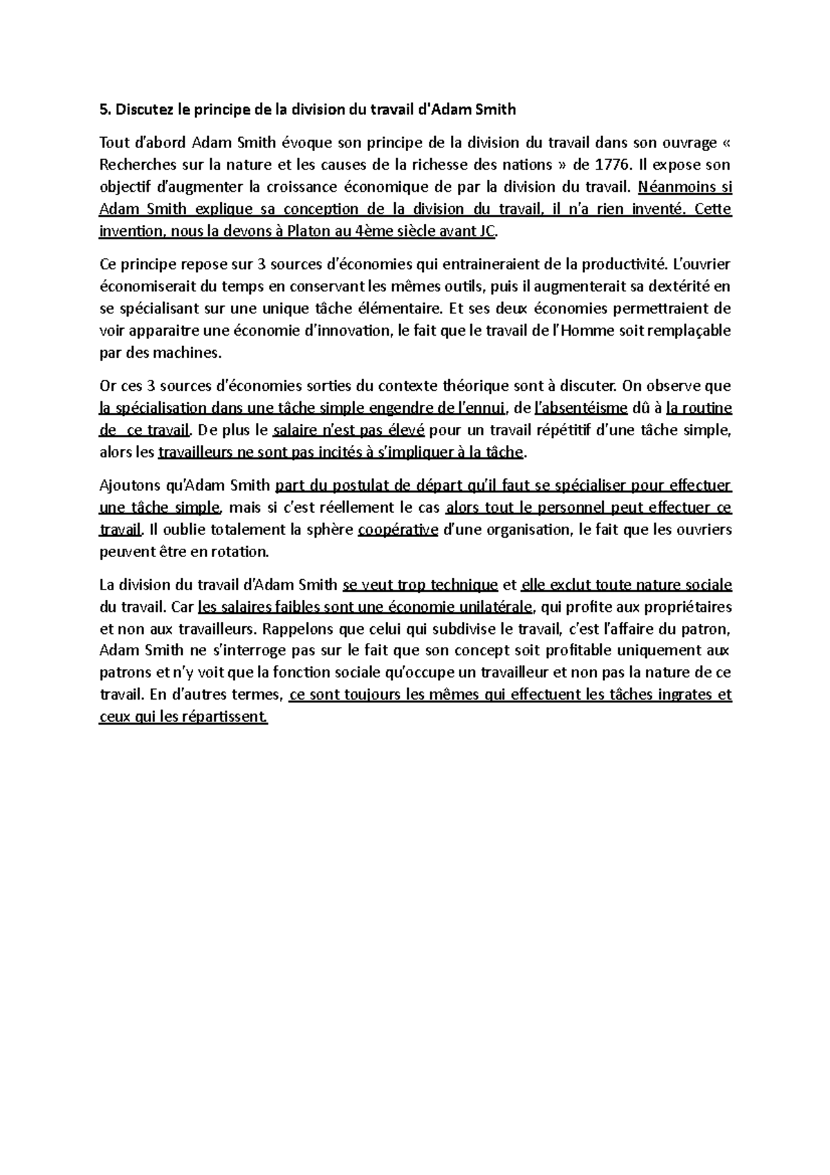 5 Discutez le principe de la division du travail d'Adam Smith - Il ...