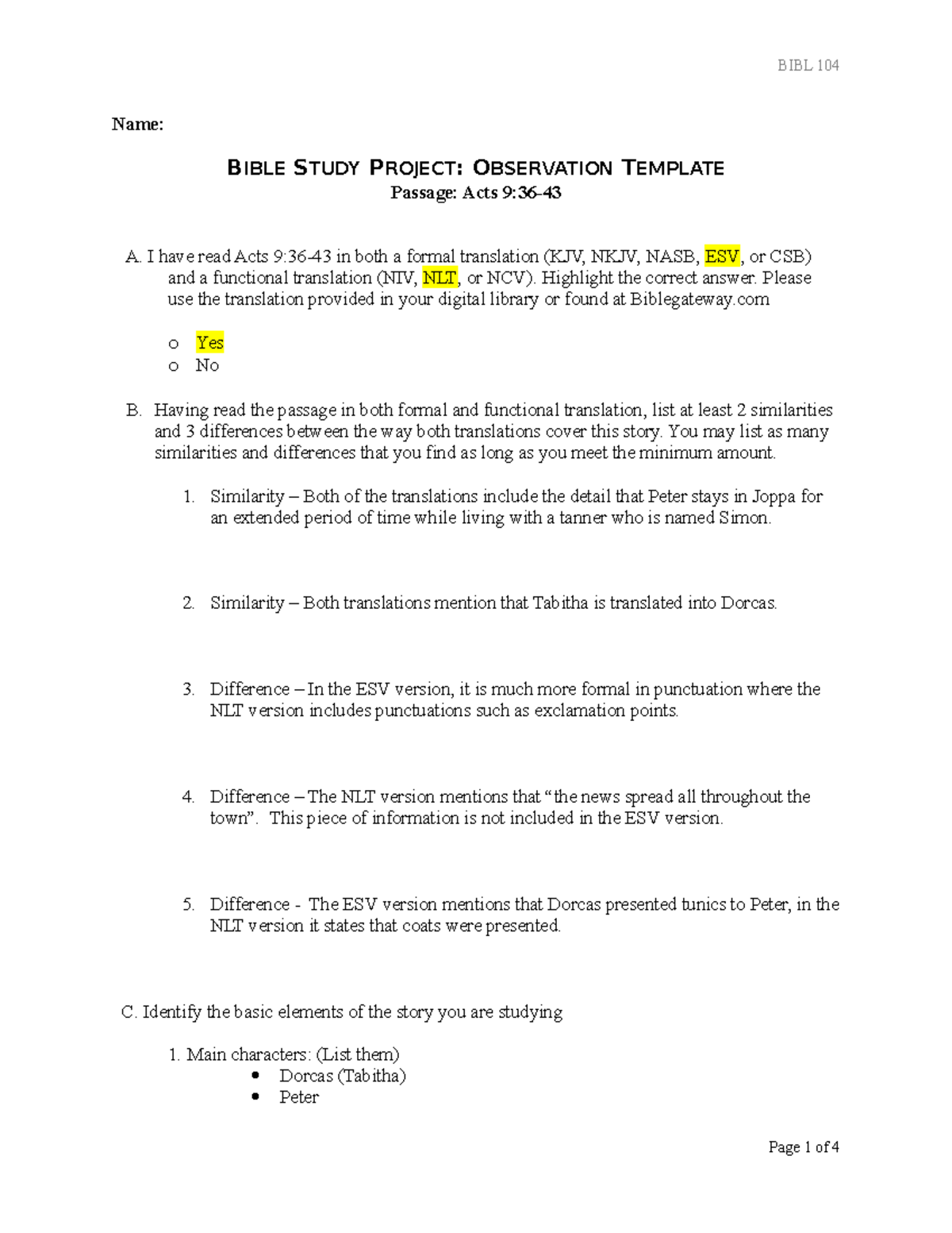 Bible Study Project Observation - Name: BIBLE STUDY PROJECT ...