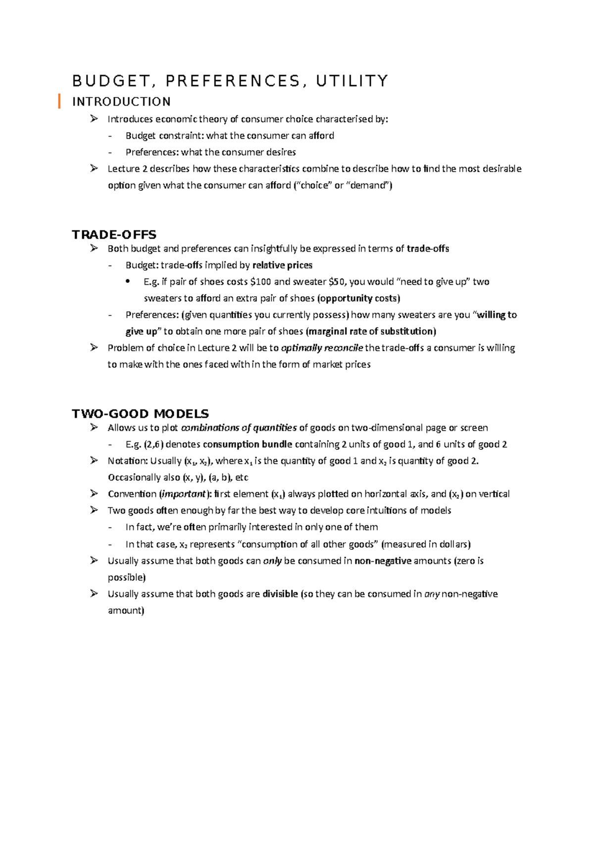 Lecture 1 - Budget, Preferences, Utility - BUDGET, PREFERENCES, UTILITY ...