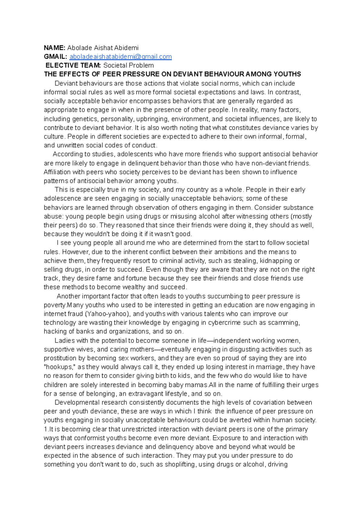 THE Effects OF PEER Pressure ON Deviant Behaviour Among Youths - NAME ...