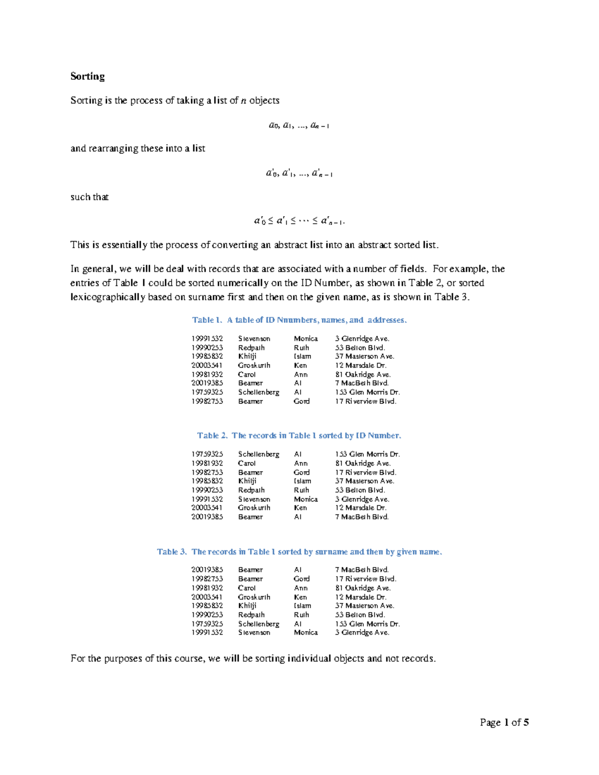Sorting Algorithms Sorting Sorting Is The Process Of Taking A List Of N Objects A 0 A 1