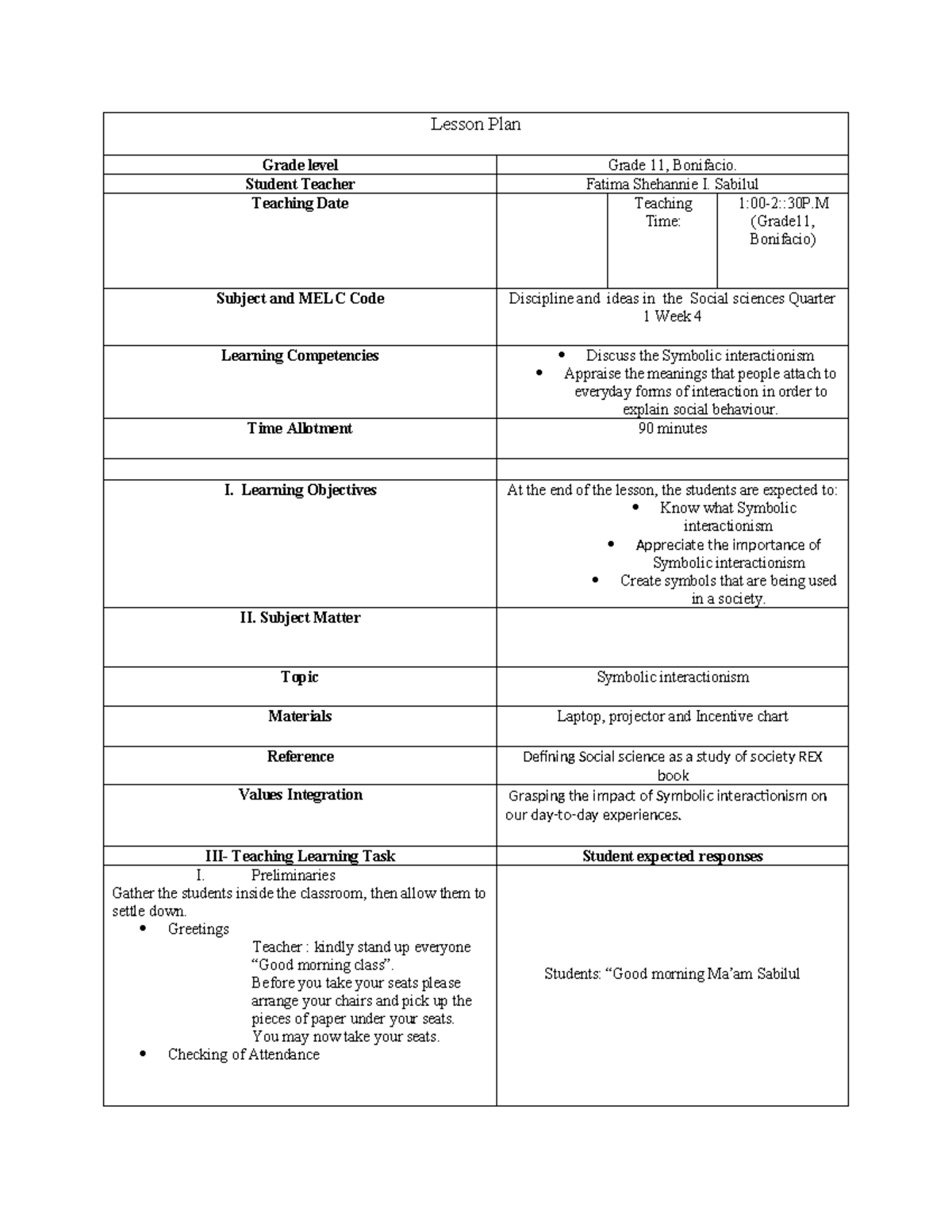 Lesson PLAN FS02 - Lesson Plan Grade level Grade 11, Bonifacio. Student ...