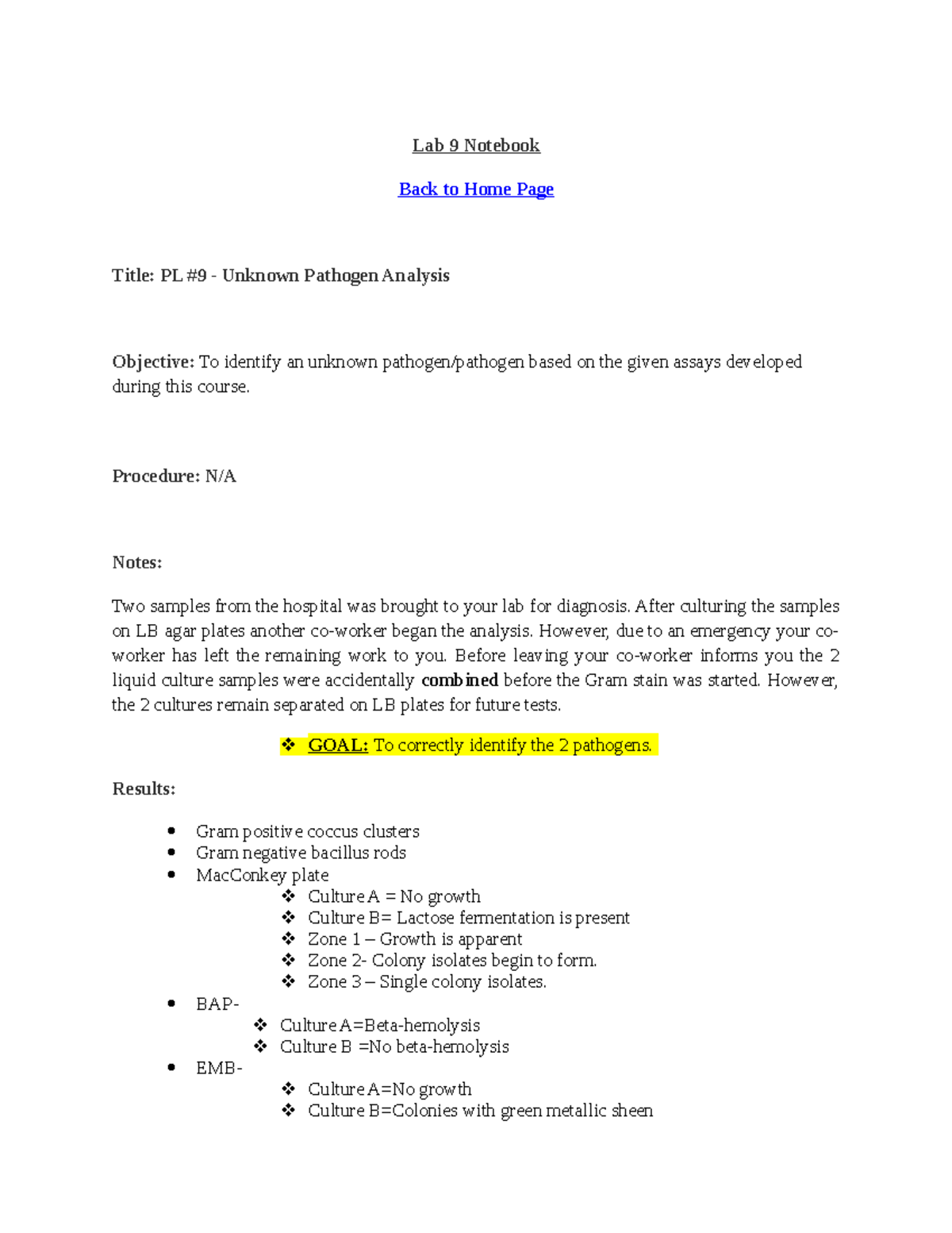 Bio 171 Lab 9 Notebook - assessment - Lab 9 Notebook Back to Home Page Title: PL #9 - Unknown ...