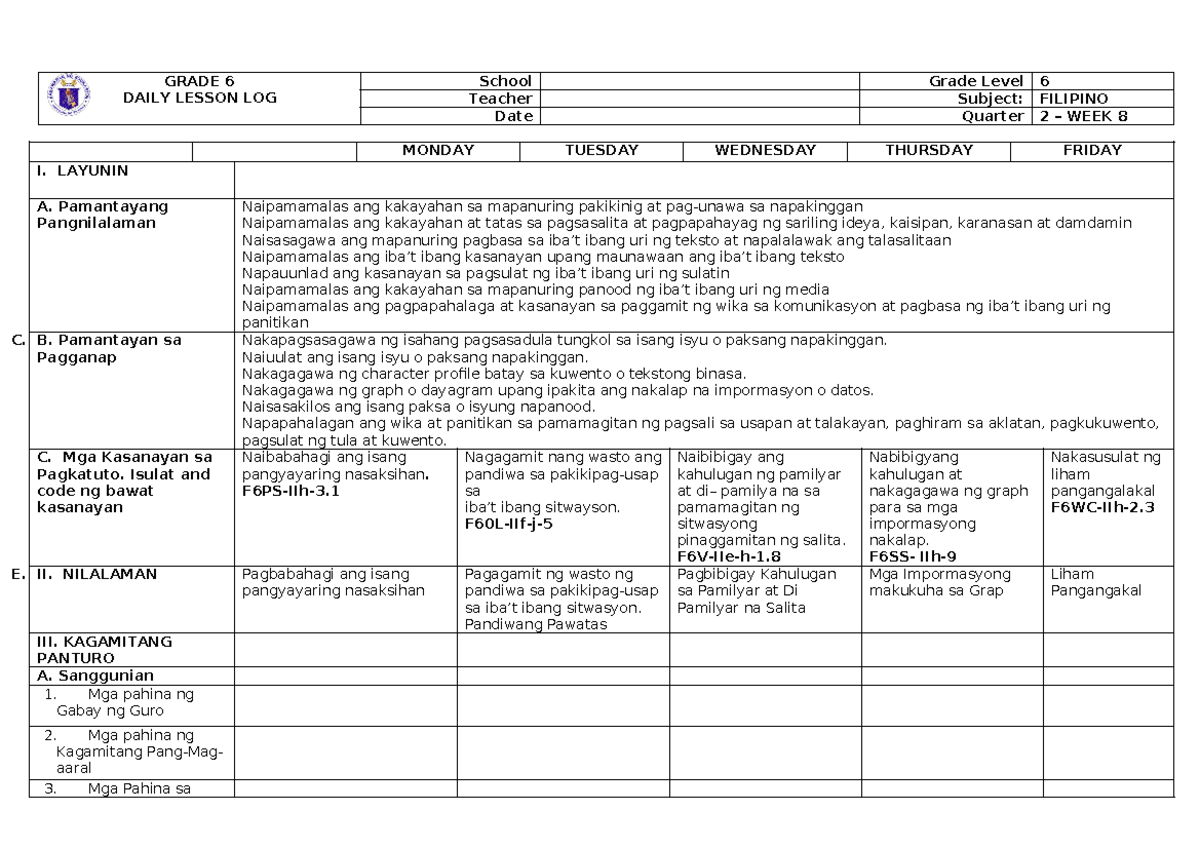 DLL Filipino 6 Q2 W8-1 - DLL - GRADE 6 DAILY LESSON LOG School Grade Level 6 Teacher Subject ...