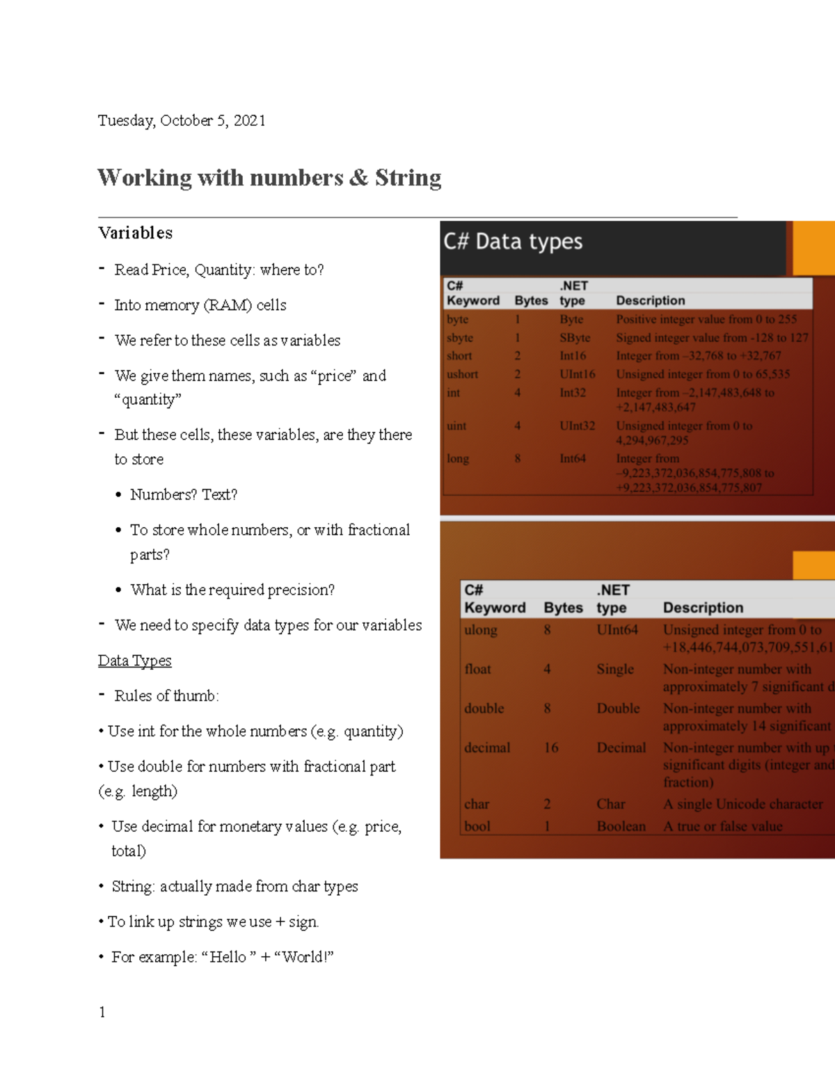 380 3 - Lecture 3 notes - Tuesday, October 5, 2021 Working with numbers ...