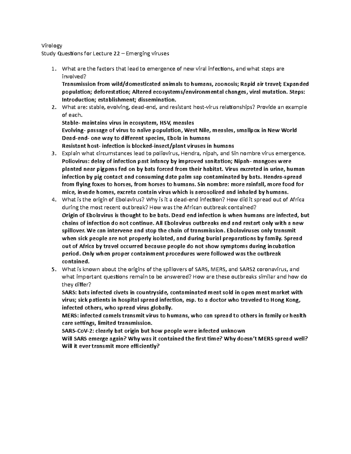 Virology Study Questions for Lecture 22 – Emerging viruses - Steps ...