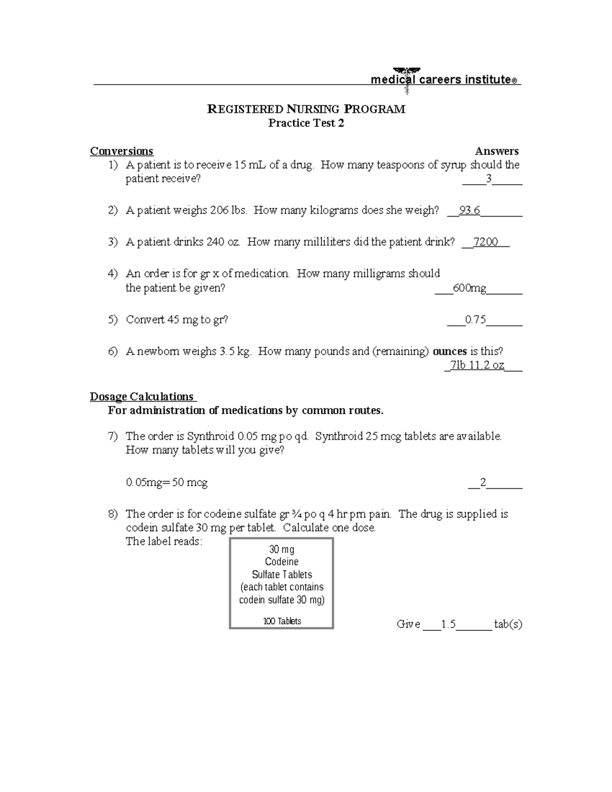 Dosage Calculation Practice test 2 ans key - medical careers institute ...