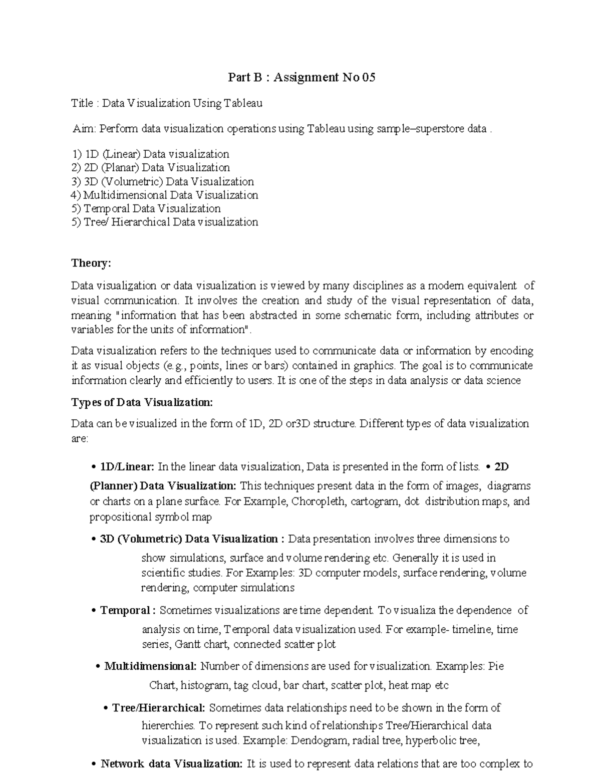 Tableau 1 - Part B : Assignment No 05 Title : Data Visualization Using Tableau Aim: Perform data ...