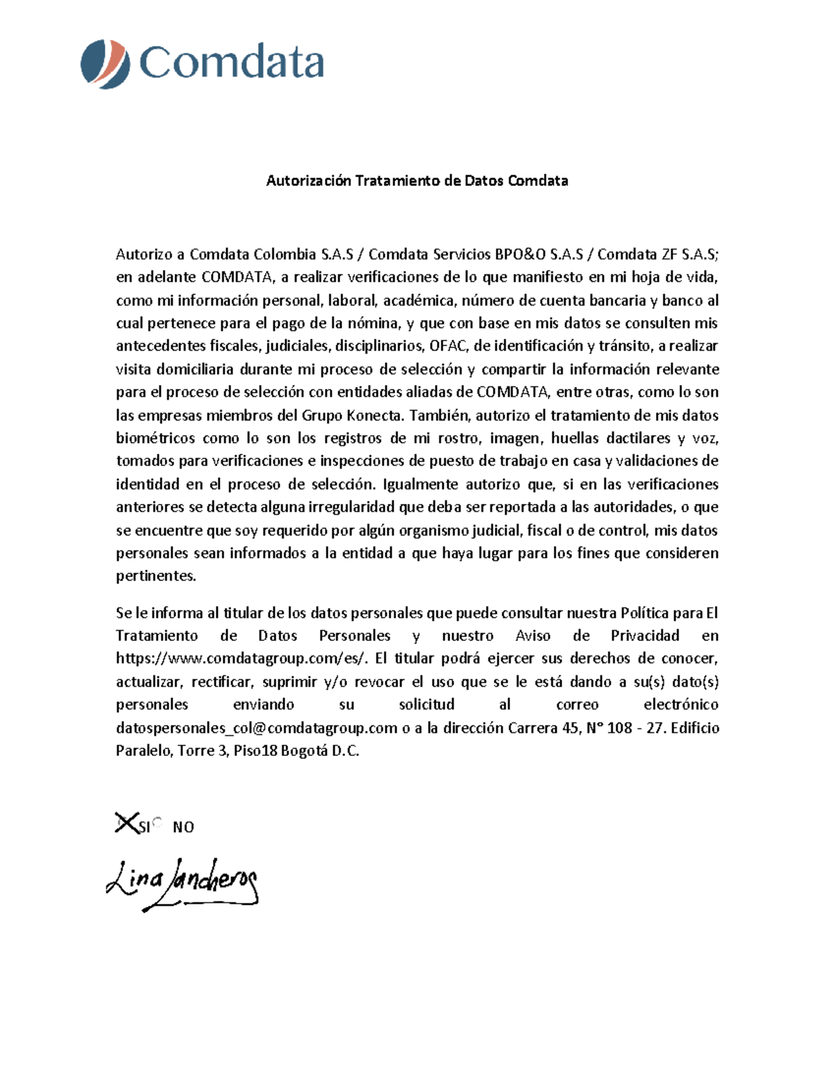 Documento Datos personales - Lina Lancheros - Autorización Tratamiento de Datos Comdata Autorizo ...
