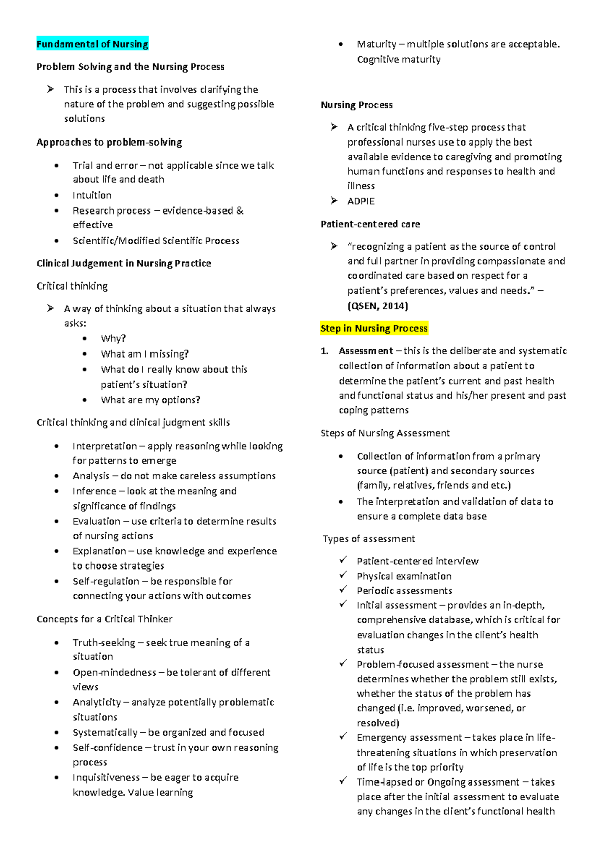 CA2- Funda - Notes - Fundamental of Nursing Problem Solving and the ...