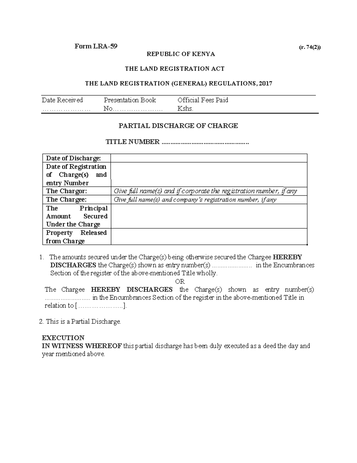 Form LRA 59 Partial Discharge OF Charge - Form LRA-59 (r. 74(2 ...