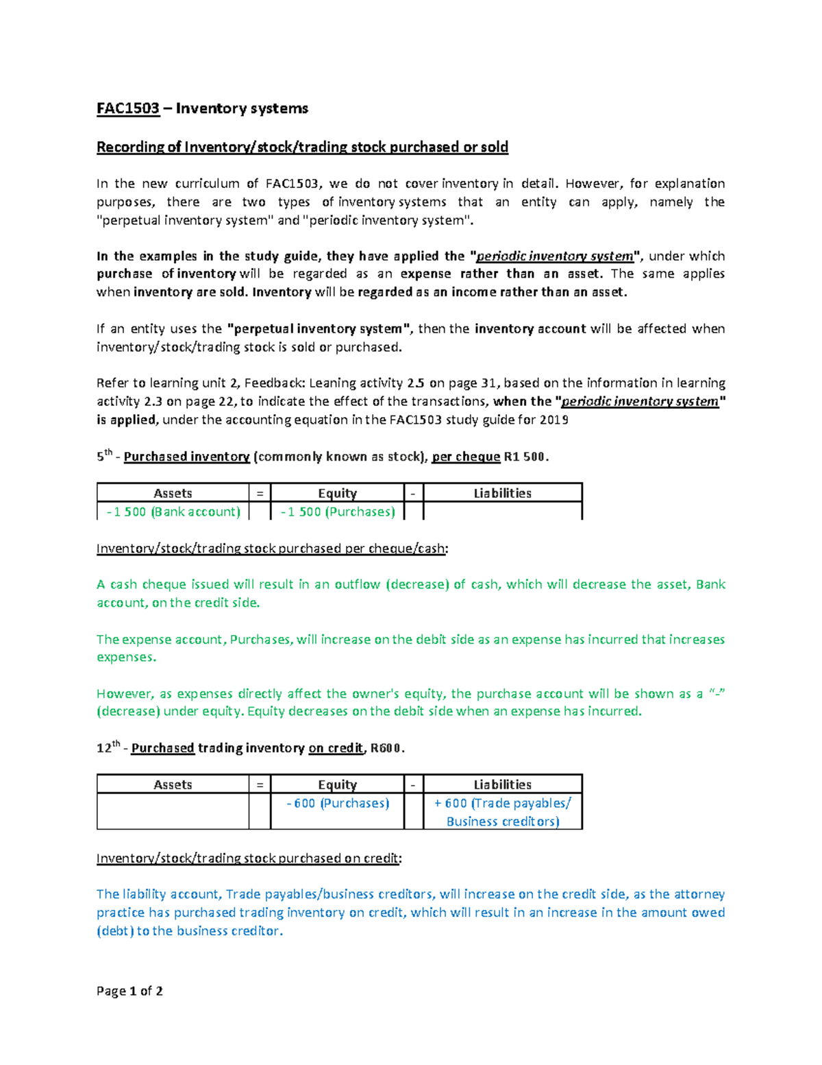 FAC1503 - Inventory systems 1 - Page 1 of 2 FAC1503 – Inventory systems Recording of - Studocu