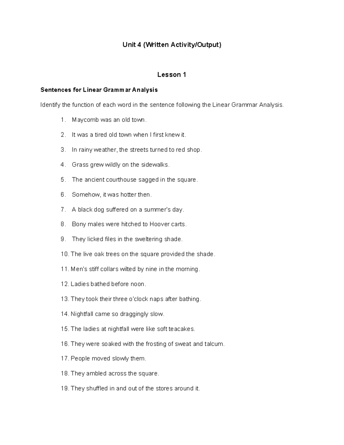 Joren KEM Quiño - Unit 4 (Written Output) - Unit 4 (Written Activity/Output) Lesson 1 Sentences ...