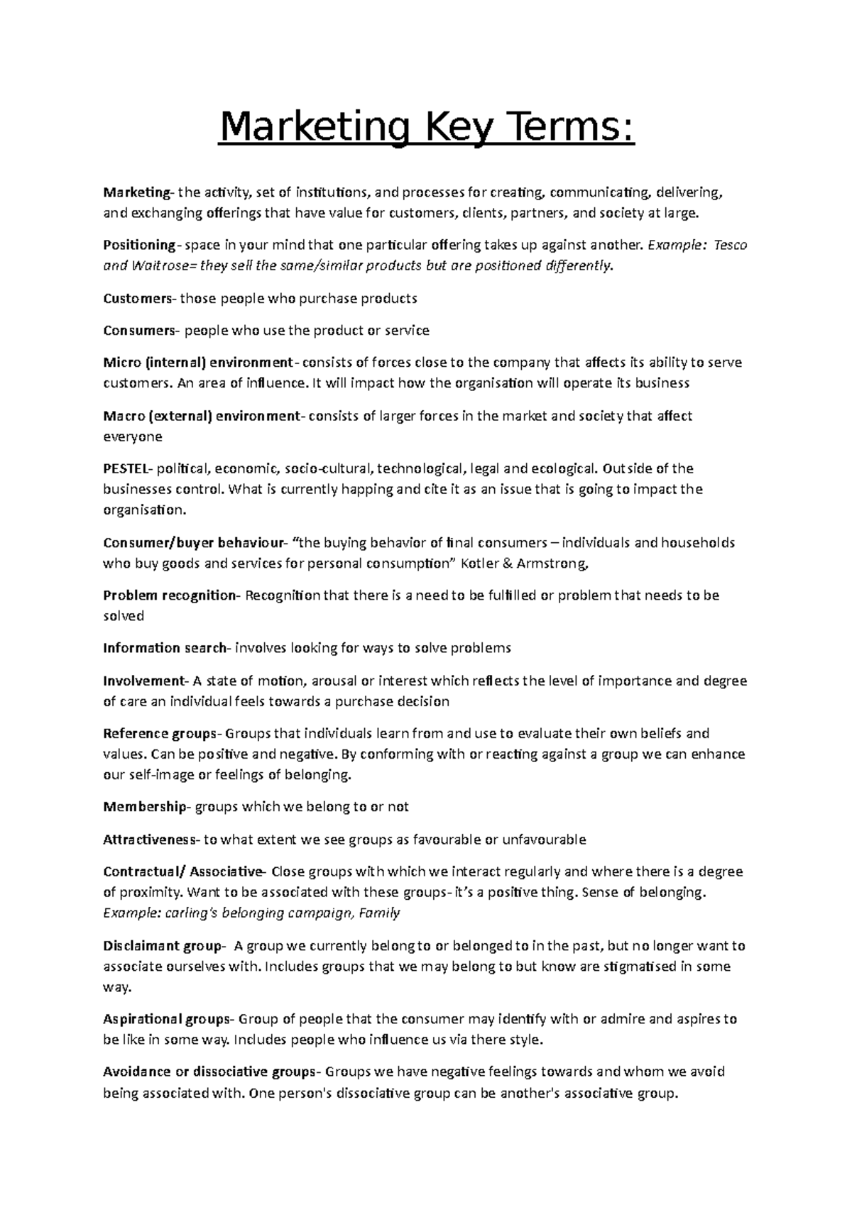 Marketing year 1 Key Terms - Marketing Key Terms: the activity, set of ...