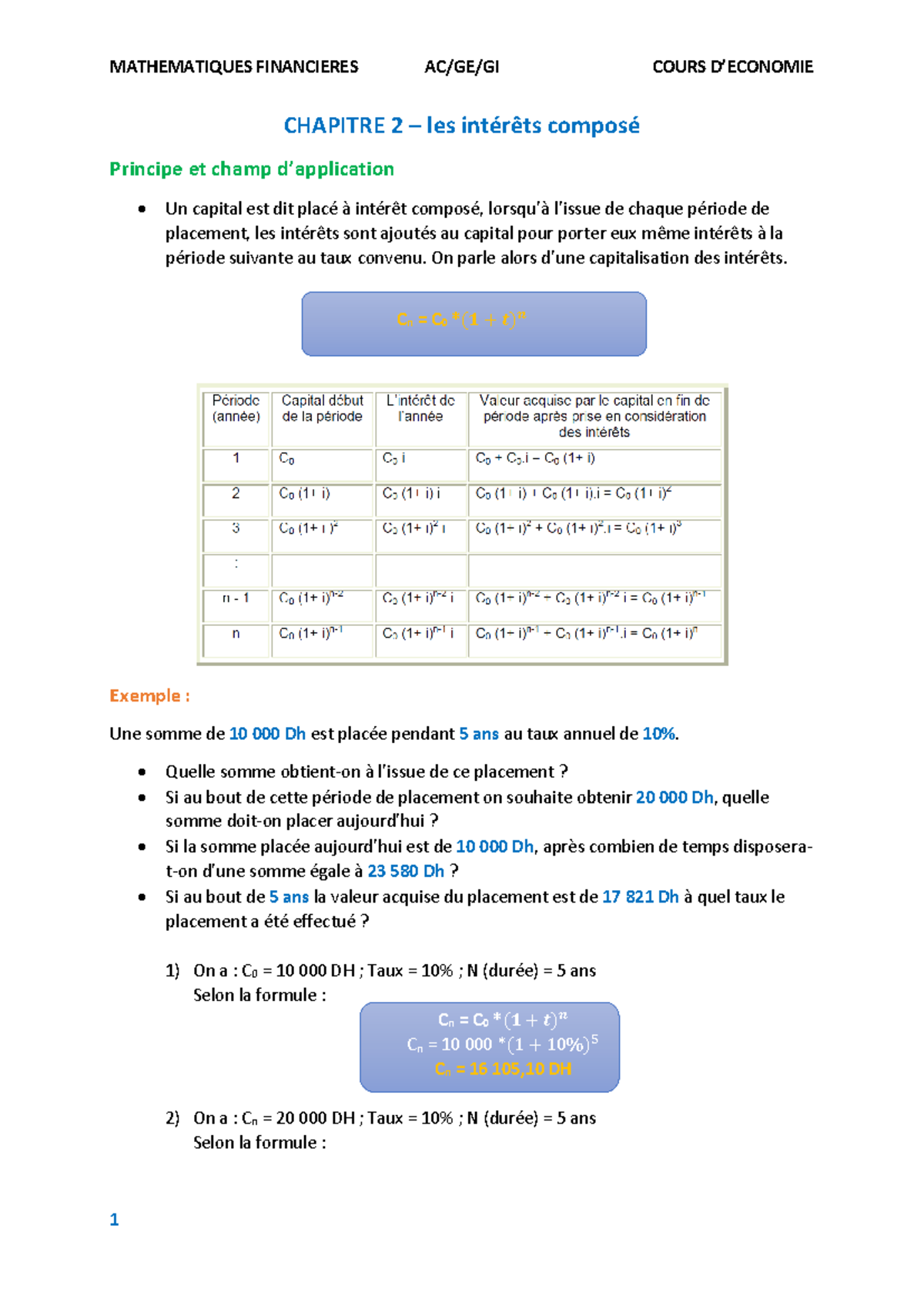 Chapitre 2 – LES InterêTS Composes - CHAPITRE 2 – les intérêts composé ...